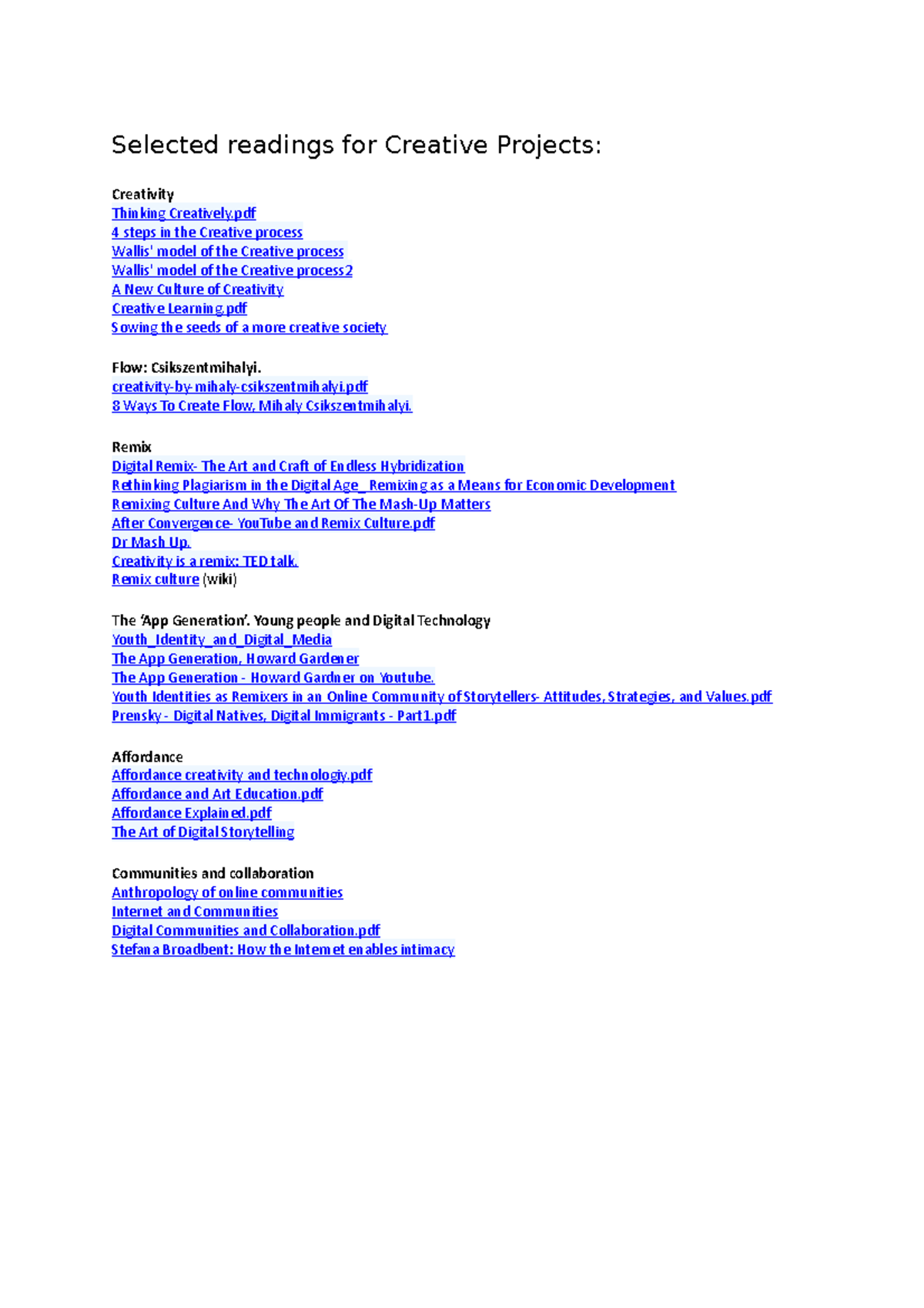 Selected readings for Creative Projects - Selected readings for ...