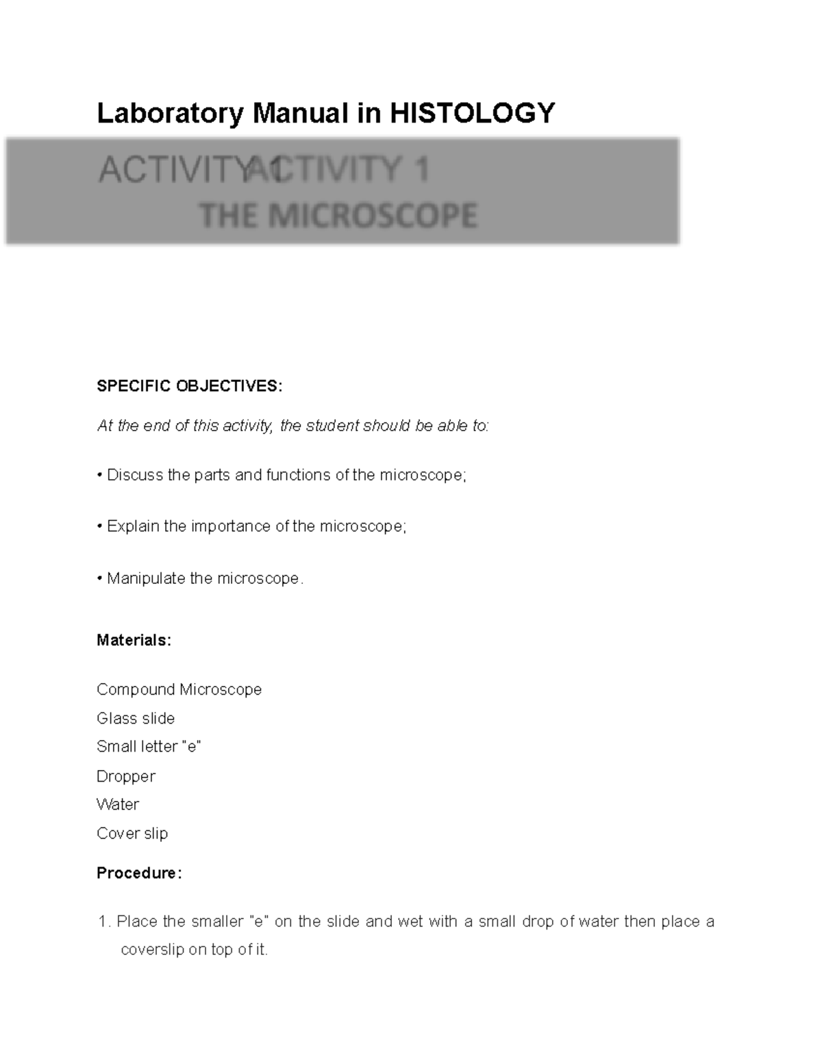 Histology Act. 1 - Laboratory Manual in HISTOLOGY SPECIFIC OBJECTIVES ...
