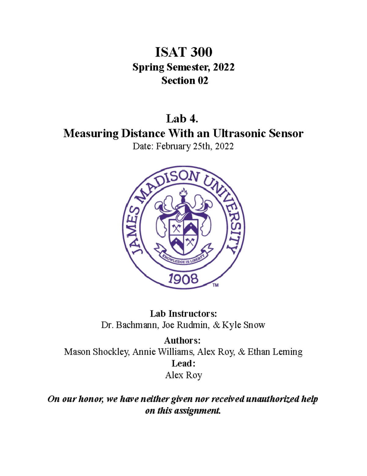 Lab 4 Ultrasonic Sensors - ISAT 300 Spring Semester, 2022 Section 02 ...