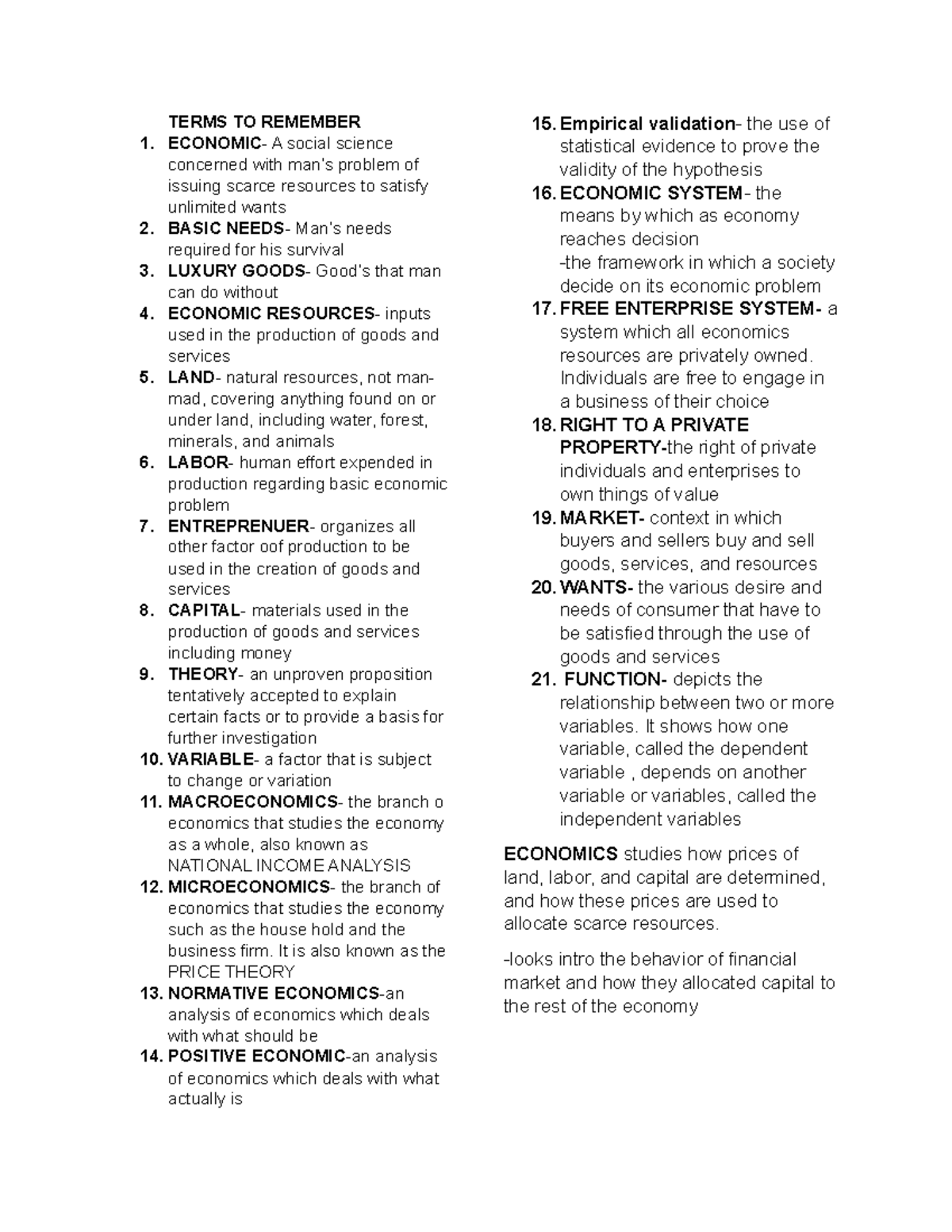 Basic miscroeconomics - TERMS TO REMEMBER 1. ECONOMIC- A social science ...