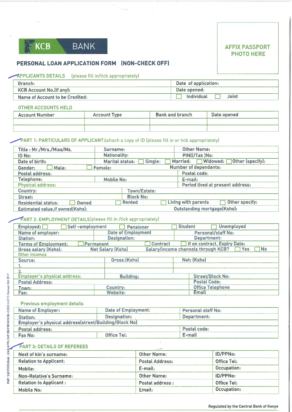 0264 001 - Reference - KCB BANK AFFIX PASSPORT PHOTO HERE PERSONAL LOAN APPLICATION FORM OFF ...