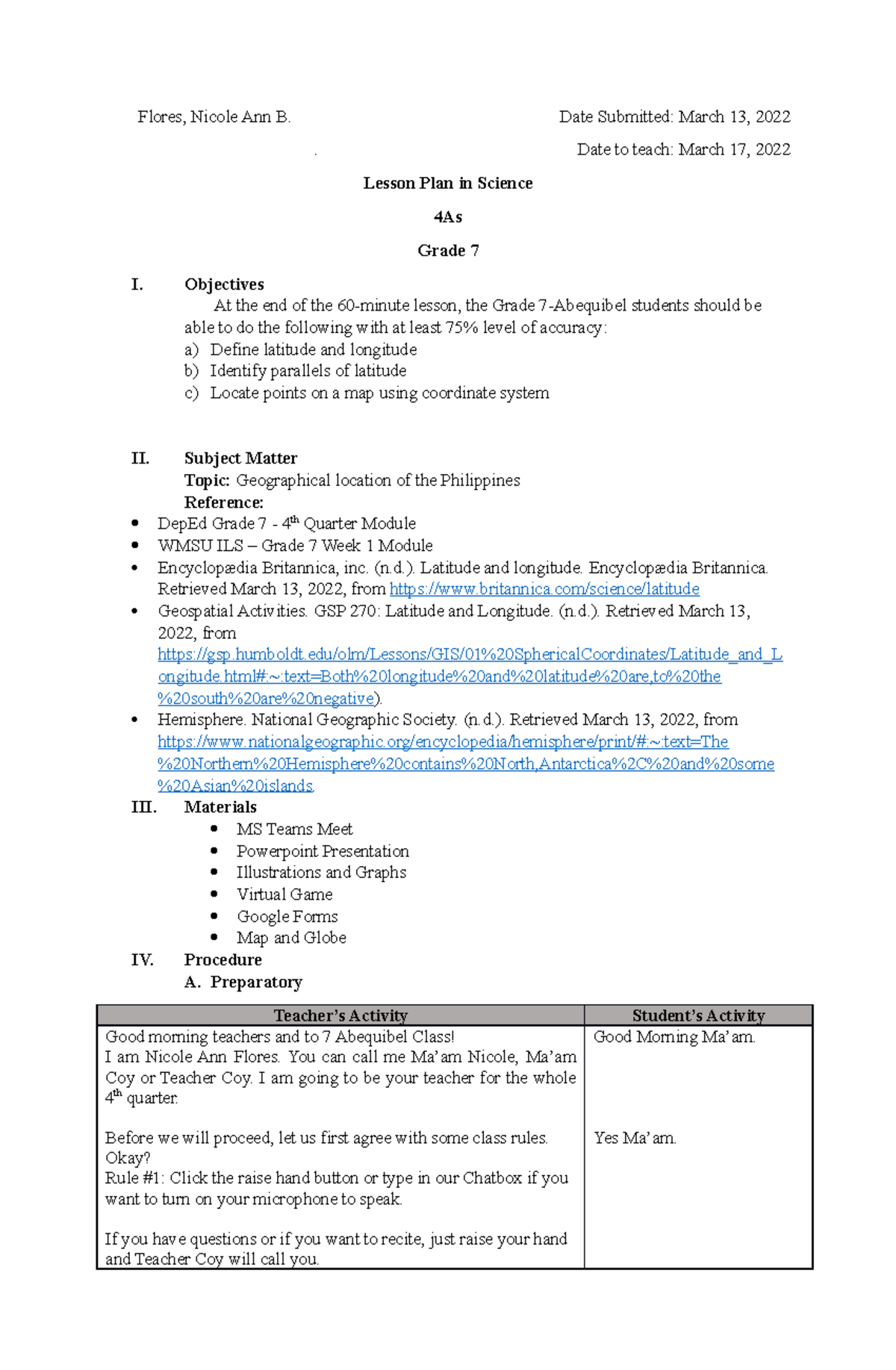 Flores- Lpweek 1 - Lesson Plan - Earth Science - Flores, Nicole Ann B ...