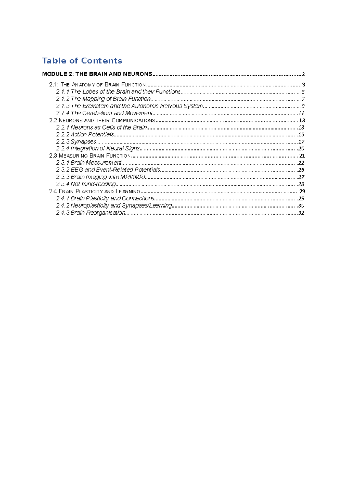 Module 2 - Table of Contents MODULE 2: THE BRAIN AND - Studocu