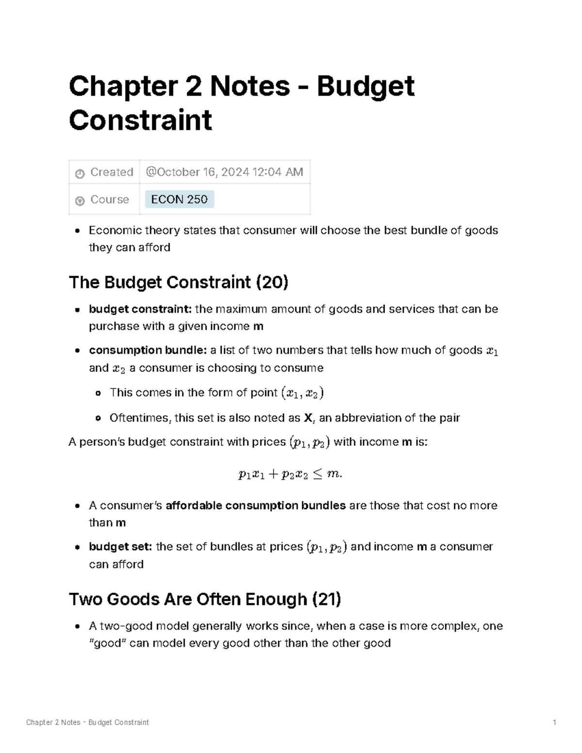 Econ-250 Chapter 2 Notes - Chapter 2 Notes - Budget Constraint Created ...