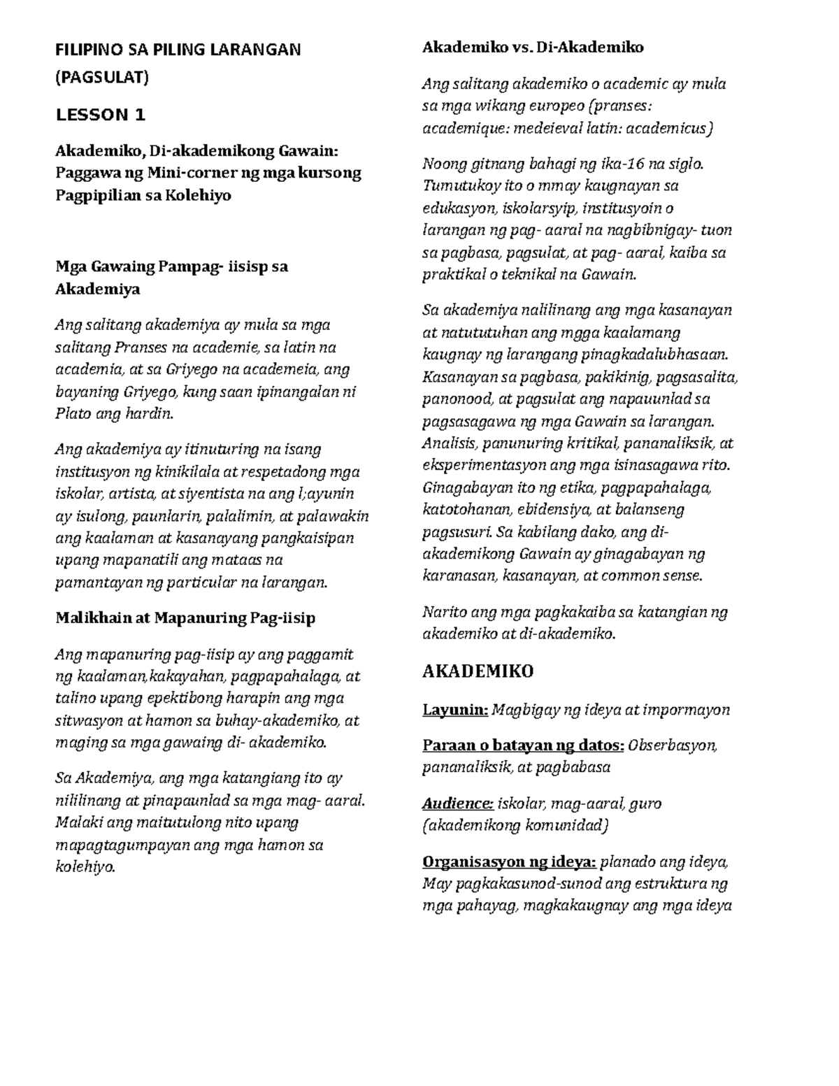 Filipino SA Piling Larangan Reviewer 1 - FILIPINO SA PILING LARANGAN ...