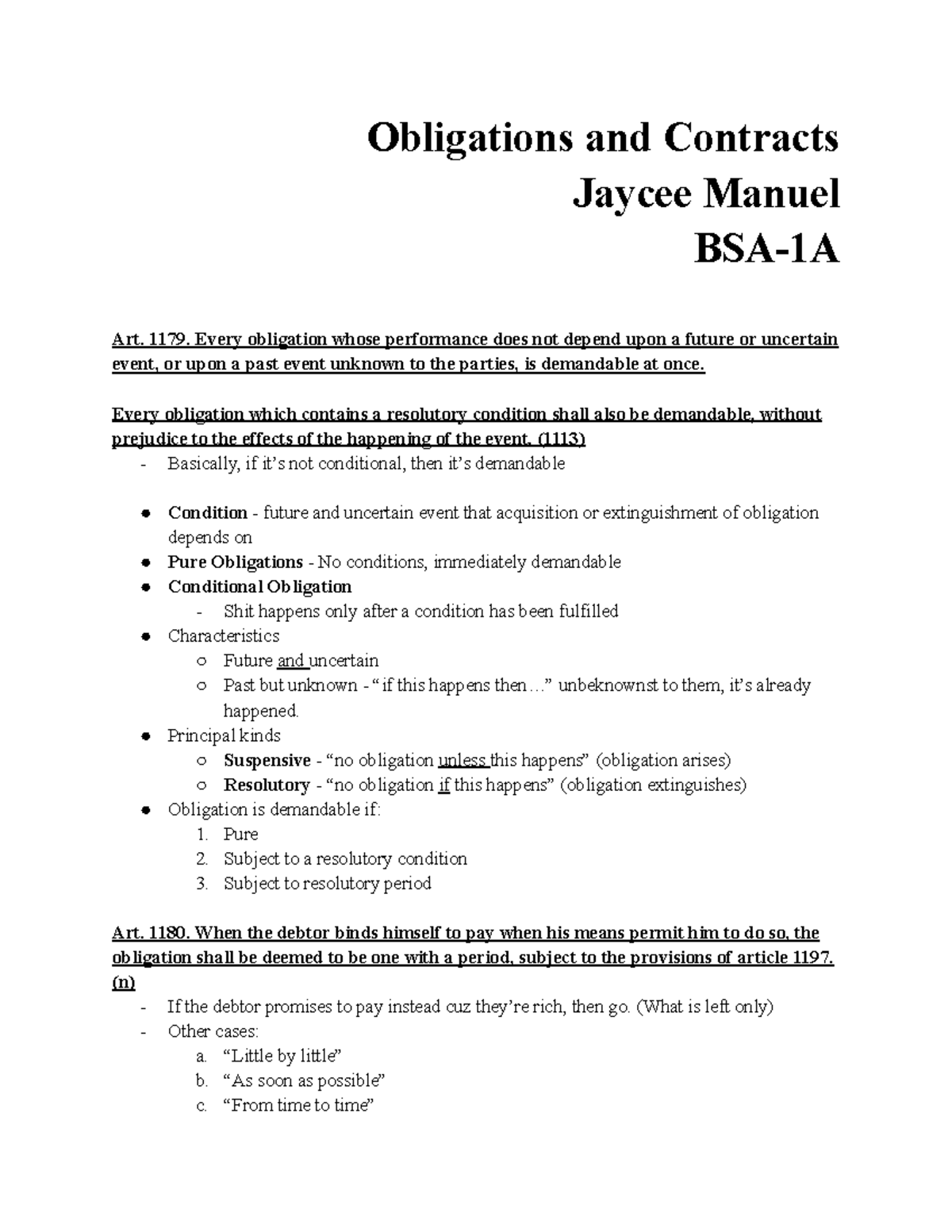 Oblicon Notes Midterms - Obligations and Contracts Jaycee Manuel BSA-1A ...