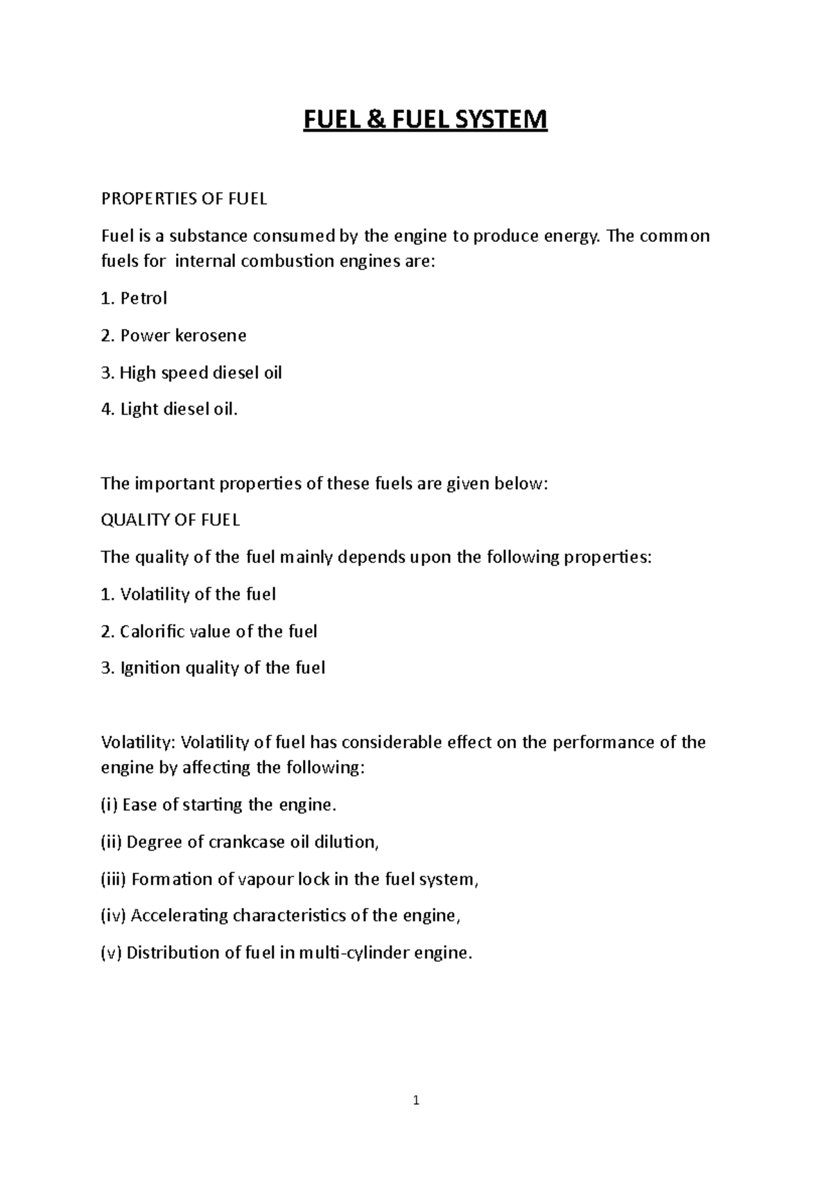FUEL System - Lecture notes 8-9 - FUEL & FUEL SYSTEM PROPERTIES OF FUEL ...