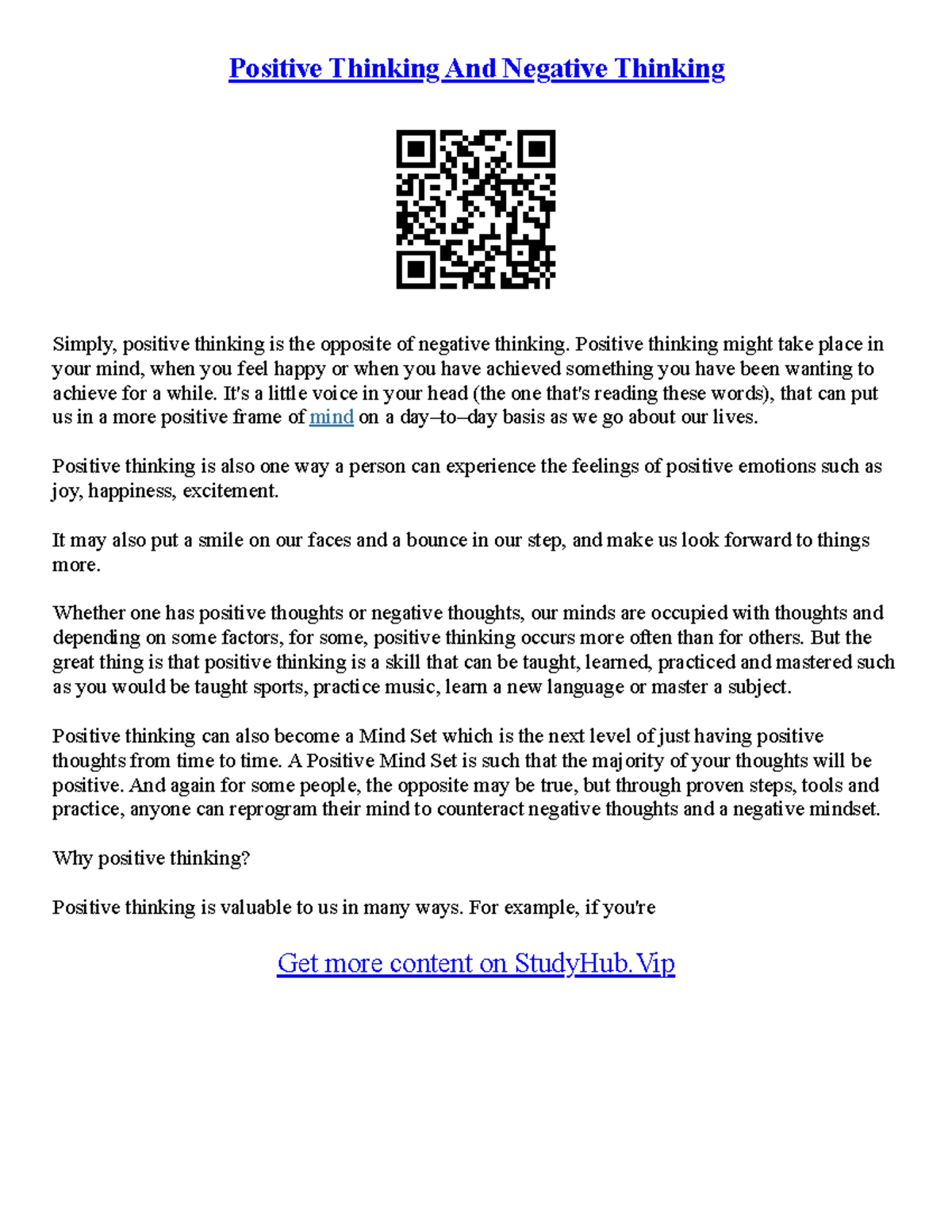 Essay On Power Of Positive Thinking - Positive Thinking And Negative ...