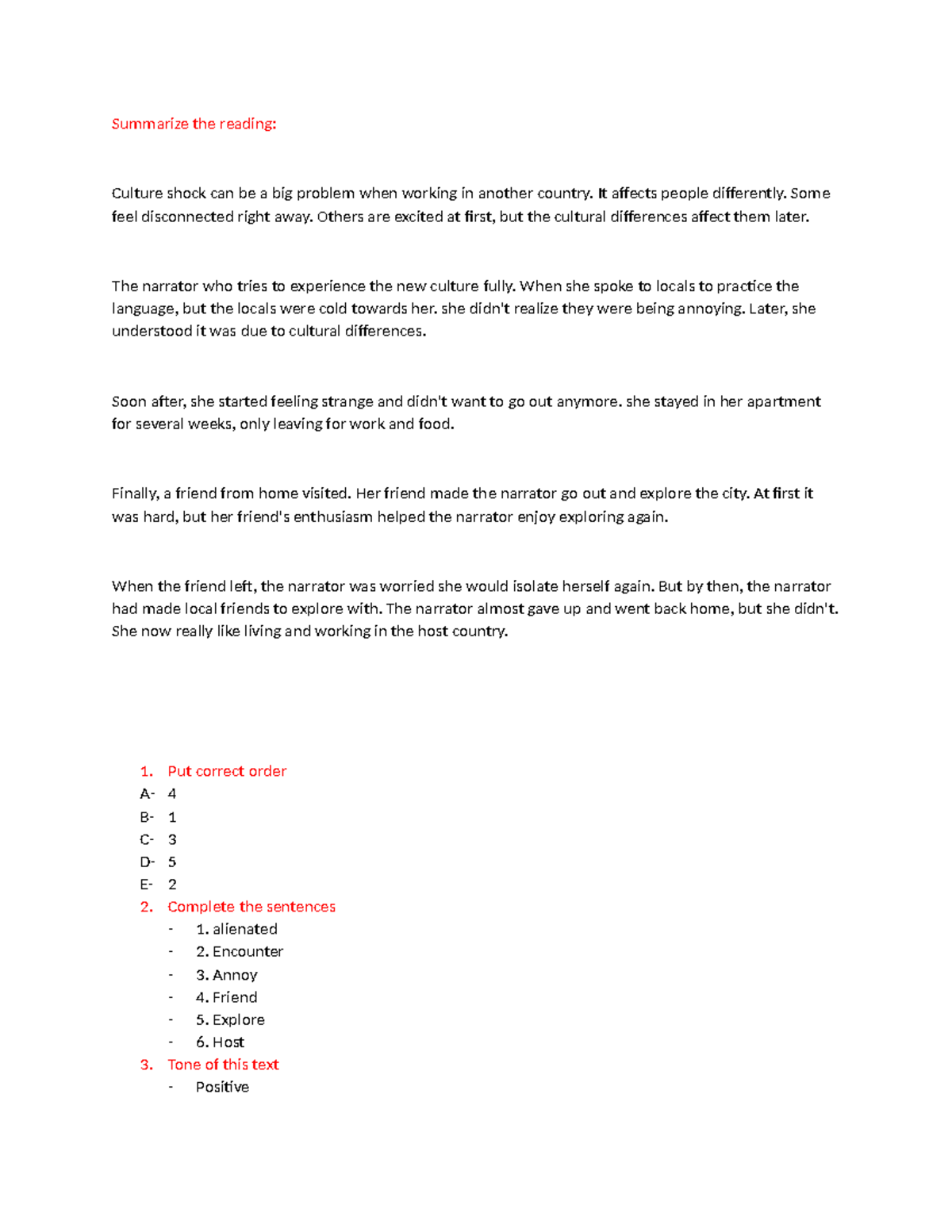 Summarize the reading - ........ - Summarize the reading: Culture shock can be a big problem ...