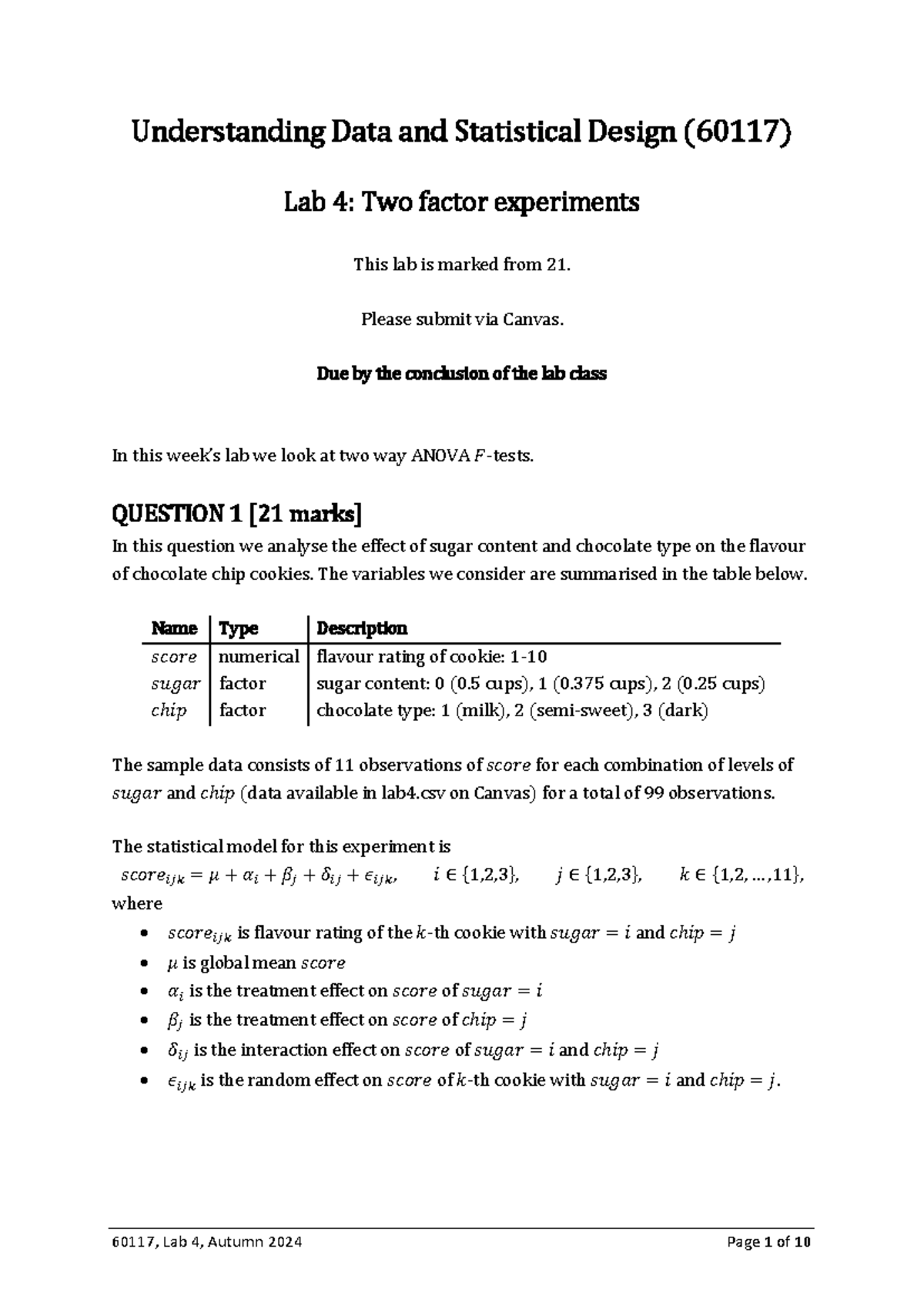 LAB 4 Solutions - Understanding Data and Statistical Design (60117) Lab 4 : Two factor ...