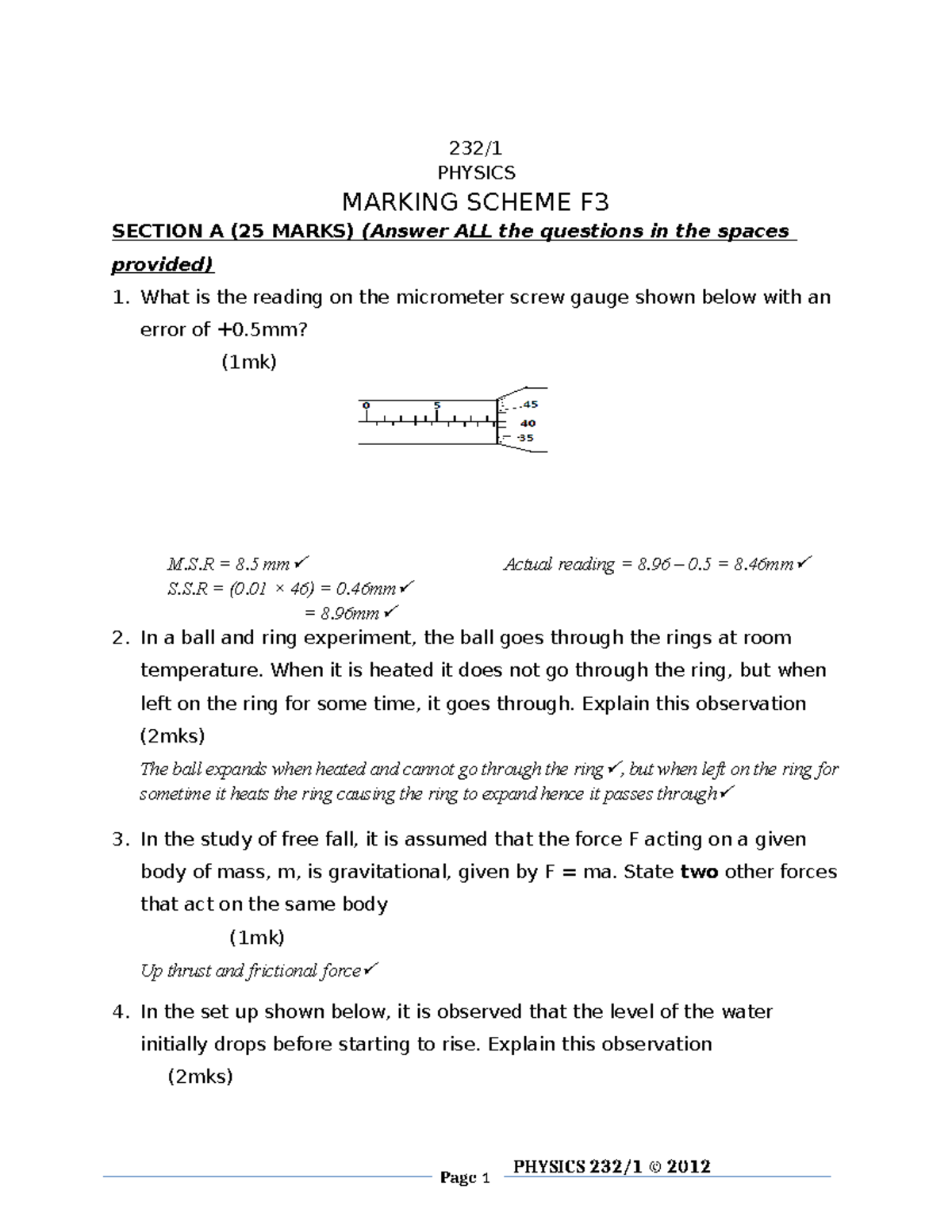 Physics P1 Form 3 End Term 1 Exam 2021 Teacher - 232/ PHYSICS MARKING ...