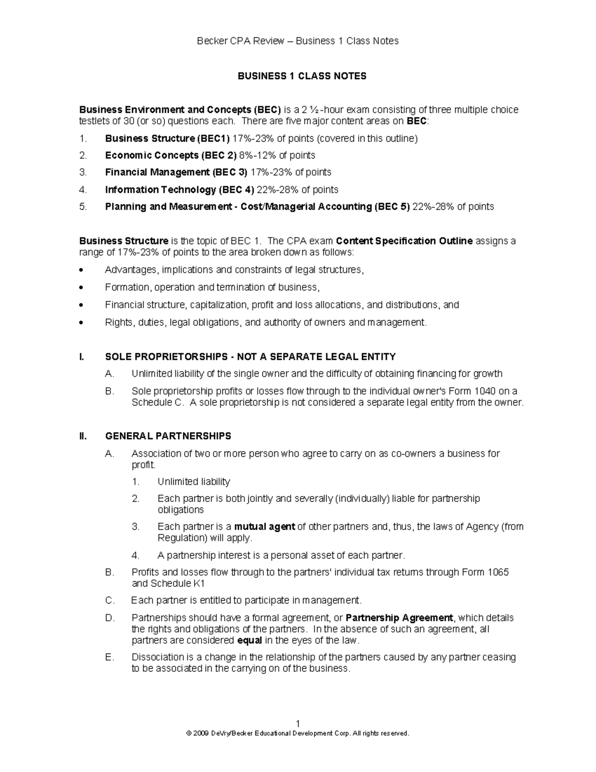 2009 B-1 Class Notes - Becker CPA Review – Business 1 Class Notes 1 ...