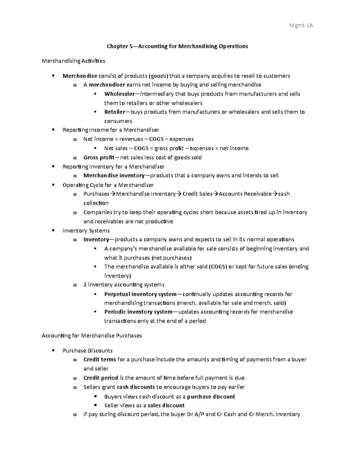 Chapter 5 Notes-Mgmt - Summary Fundamental Accounting Principles - Mgmt ...