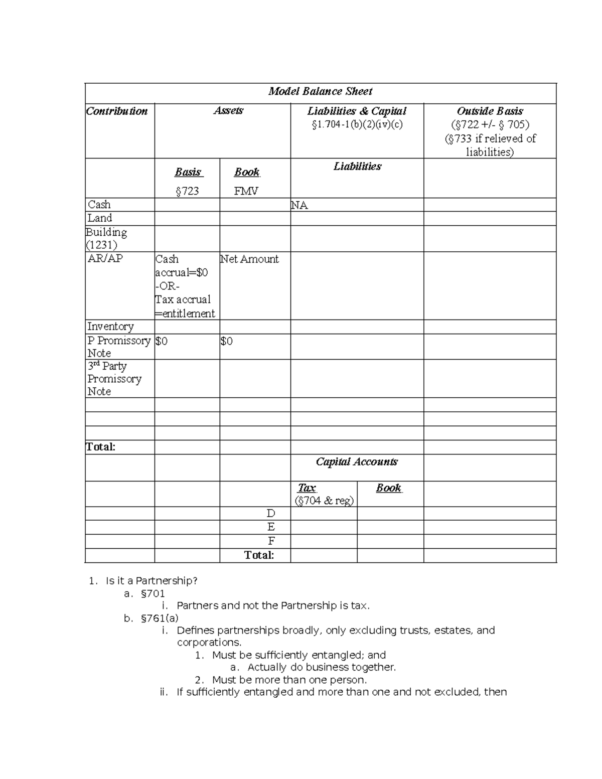 Outline - Summary Partnership Tax - Model Balance Sheet Contribution ...