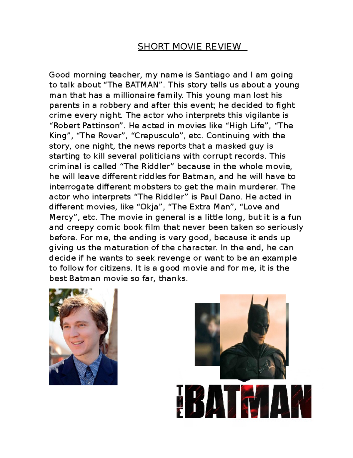 Short Movie Review-Santiago-Paredes-Benites - SHORT MOVIE REVIEW Good ...