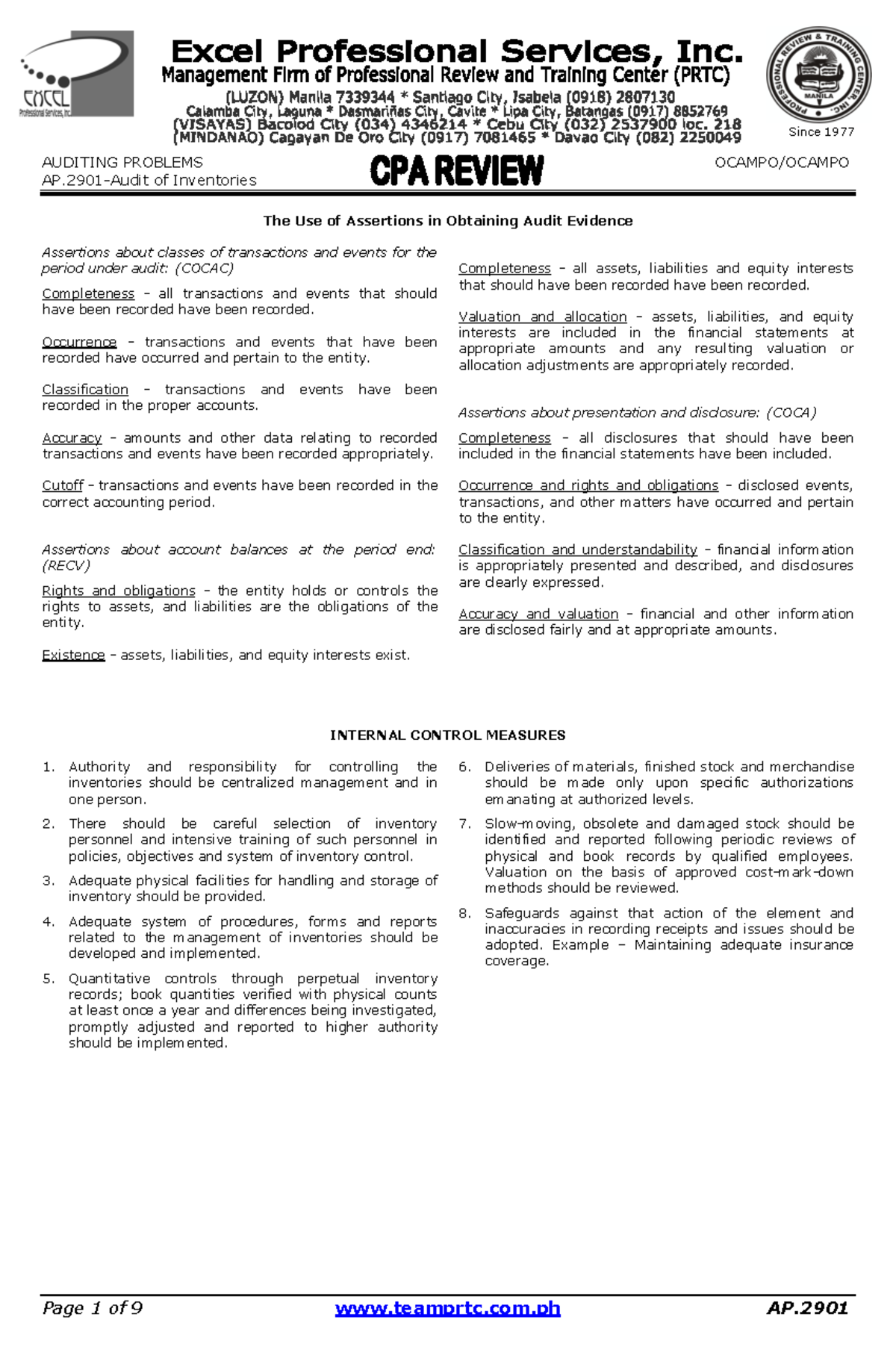 AP - lecture notes - AUDITING PROBLEMS OCAMPO/OCAMPO AP-Audit of ...