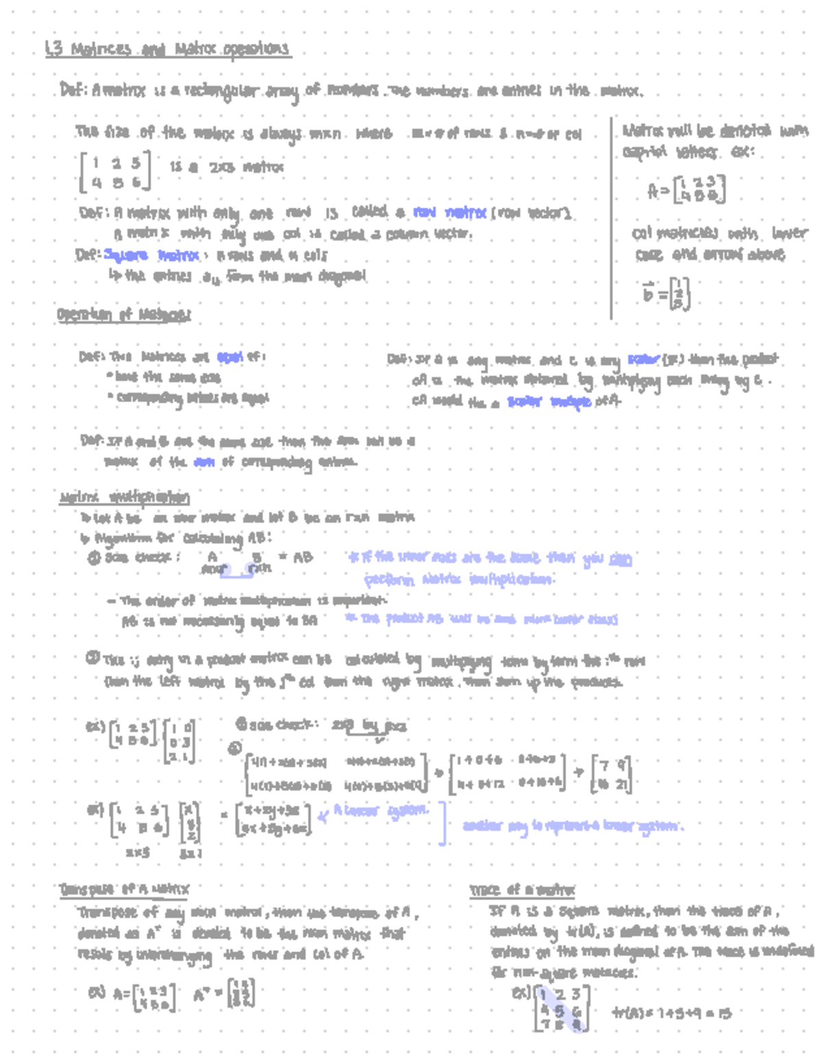 Matrix operations notes - 3 Matrices and Matrix operations Def : A ...