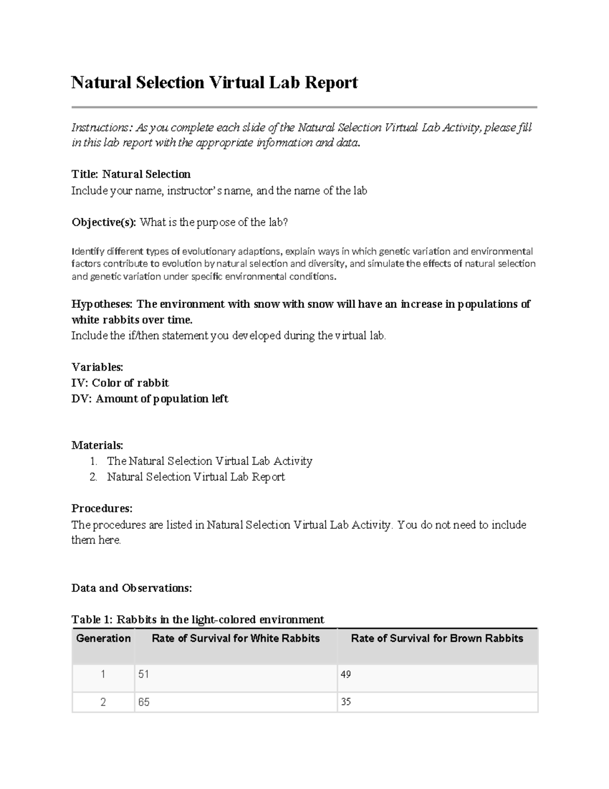 05 02 natural selection lab report - Natural Selection Virtual Lab ...