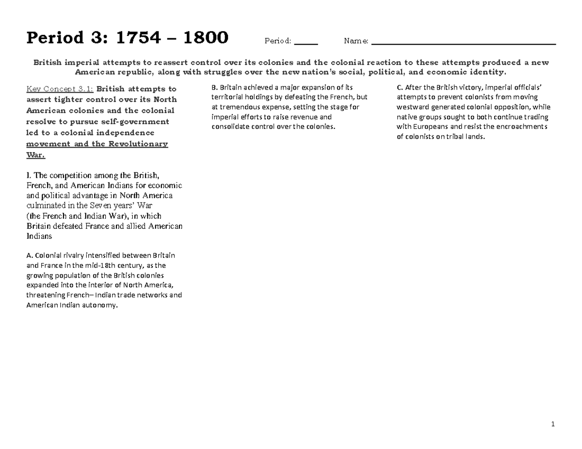 Key Concepts Period 3 Worksheet PDF 2018 - Period 3: 1754 – 1800 Period ...