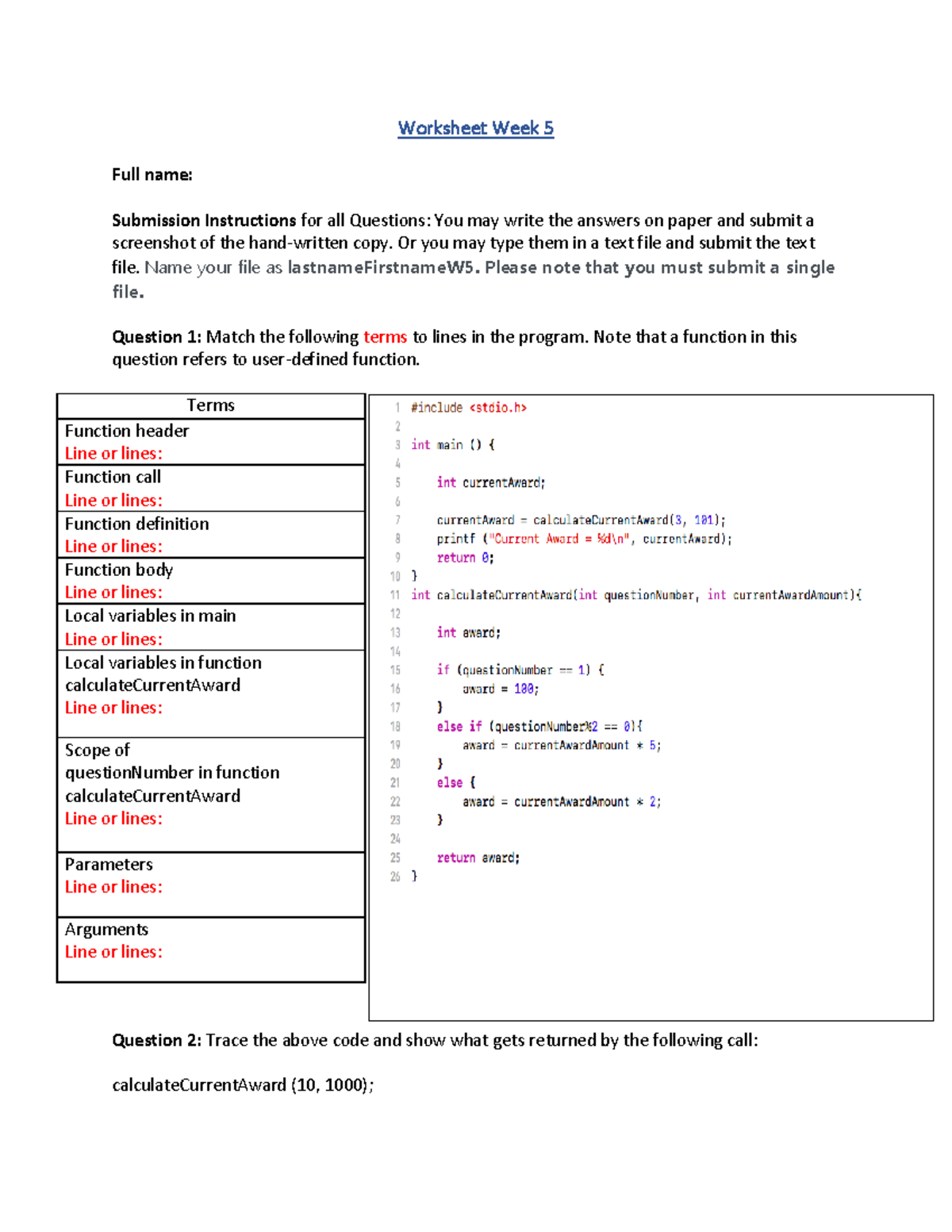 WW5 - notes for worksheet 5 - Worksheet Week 5 Full name: Submission ...
