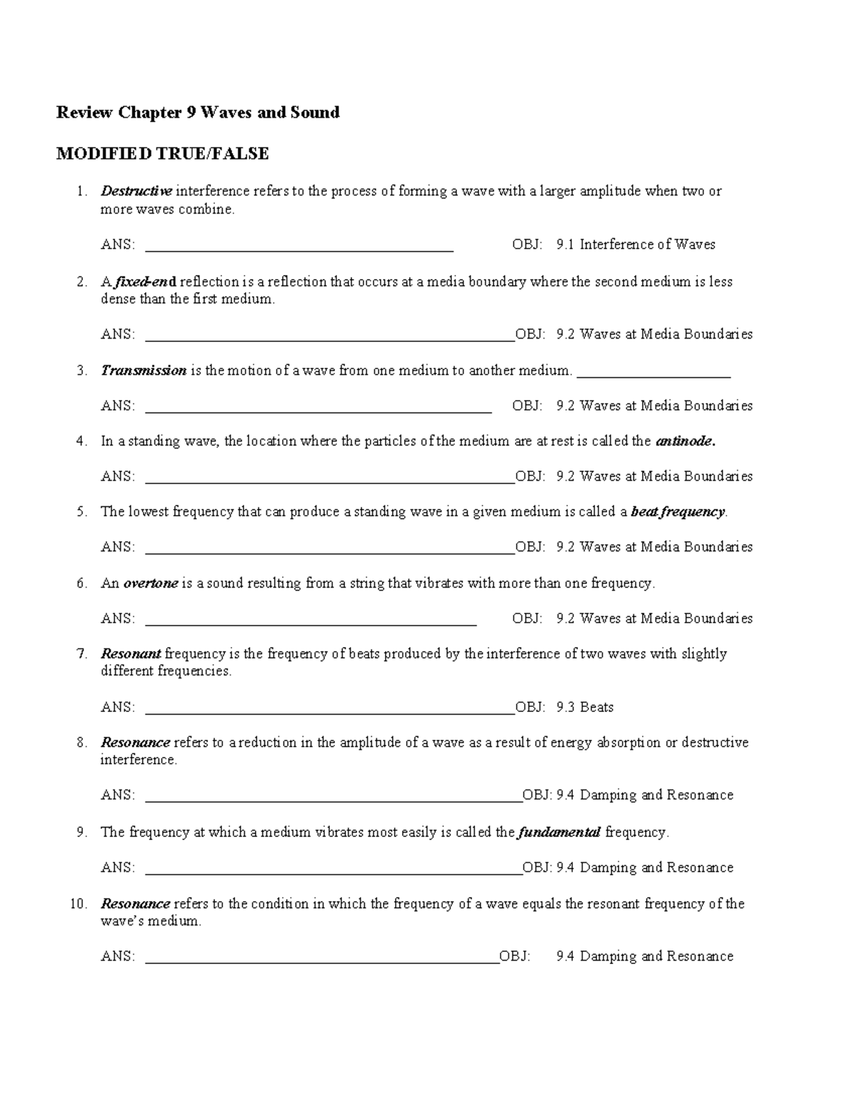 Review Chapter 9 Waves and Sound - Review Chapter 9 Waves and Sound ...