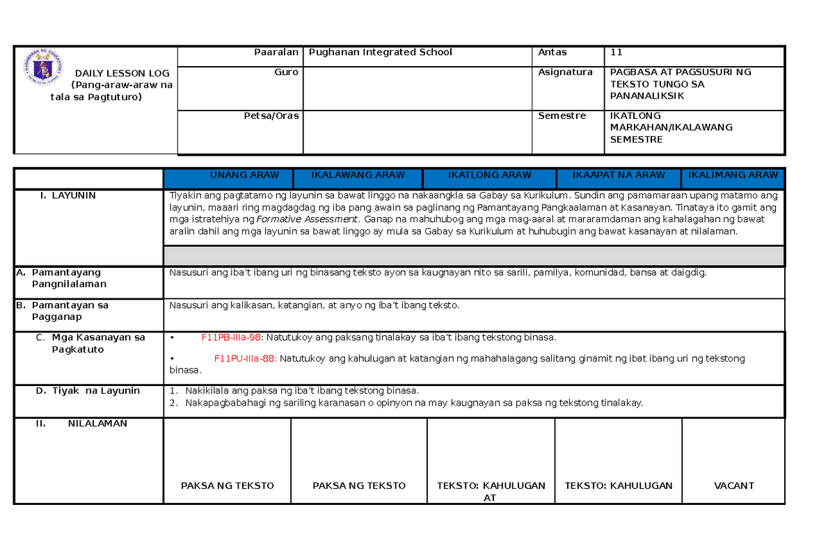 Pagbasa - DLL - DAILY LESSON LOG (Pang-araw-araw na tala sa Pagtuturo ...