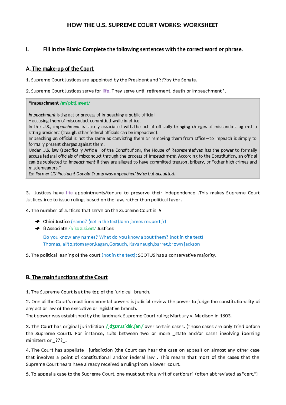 Scotus-student - HOW THE U. SUPREME COURT WORKS: WORKSHEET I. Fill in ...