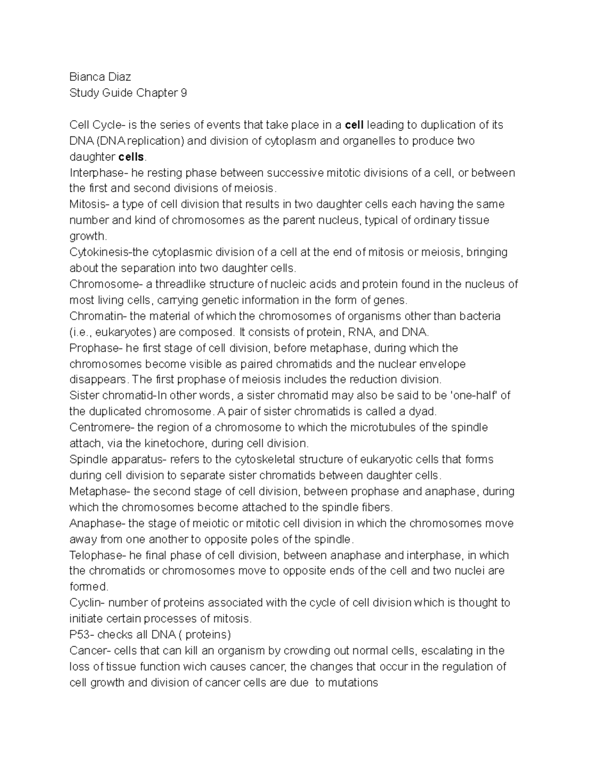 Copy of Study guid chapter 9 - Bianca Diaz Study Guide Chapter 9 Cell ...