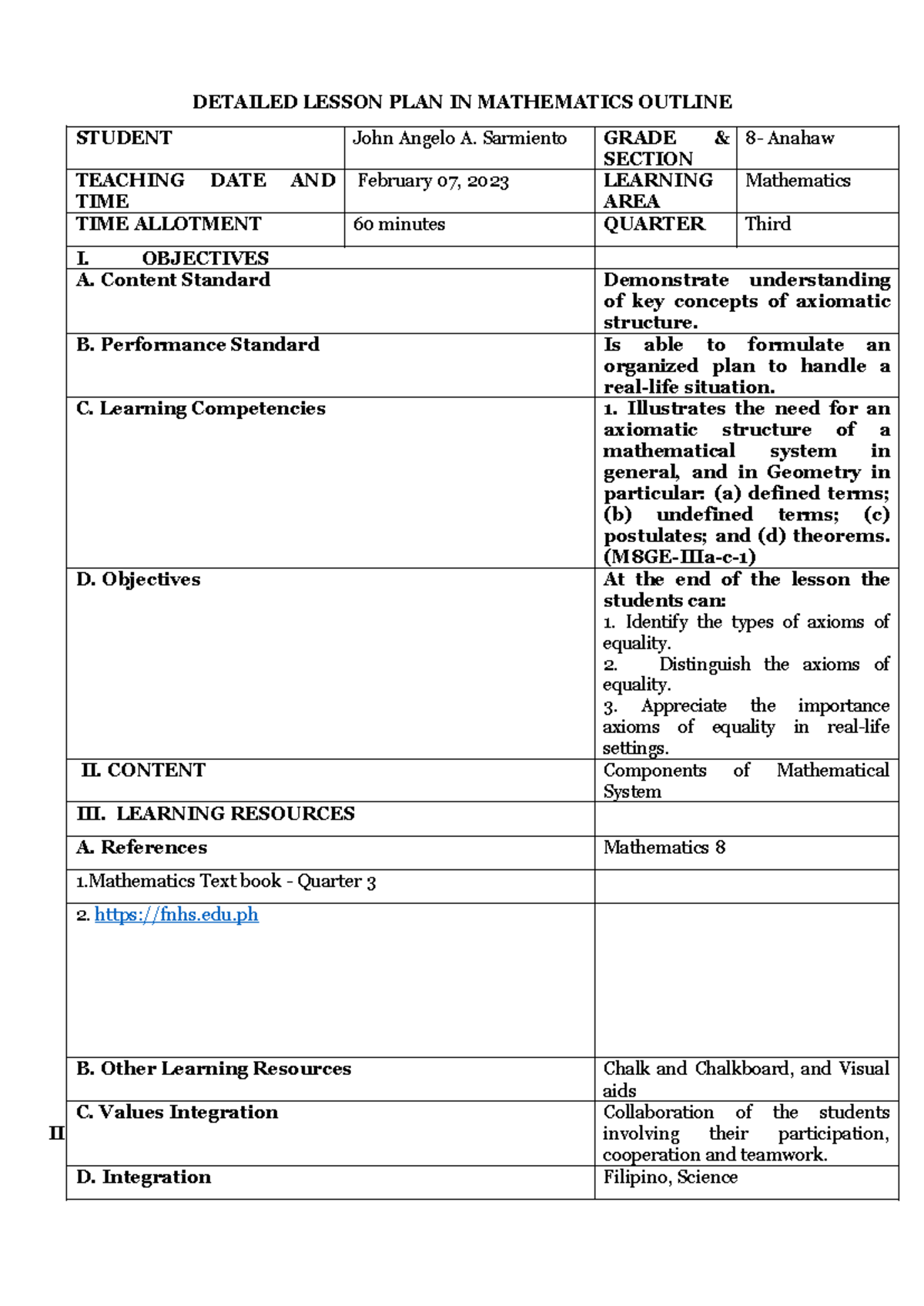 GRADE 8 3RD QUARTER MATH - DETAILED LESSON PLAN IN MATHEMATICS OUTLINE ...