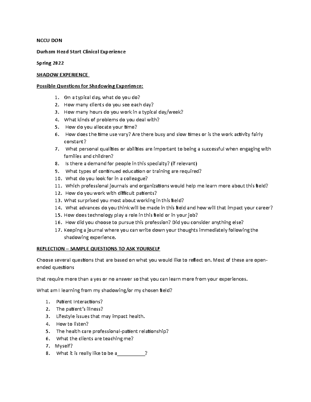 Shadow experience - NCCU DON Durham Head Start Clinical Experience ...