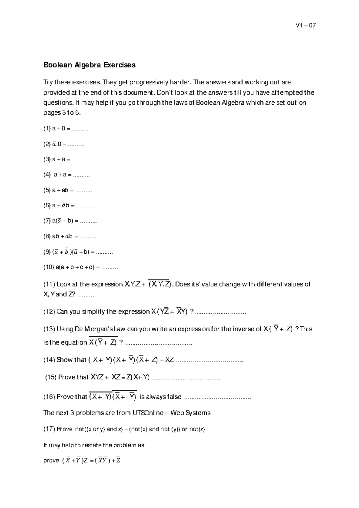 Boolean Algebra Exercises v1-07-with answers - Boolean Algebra ...