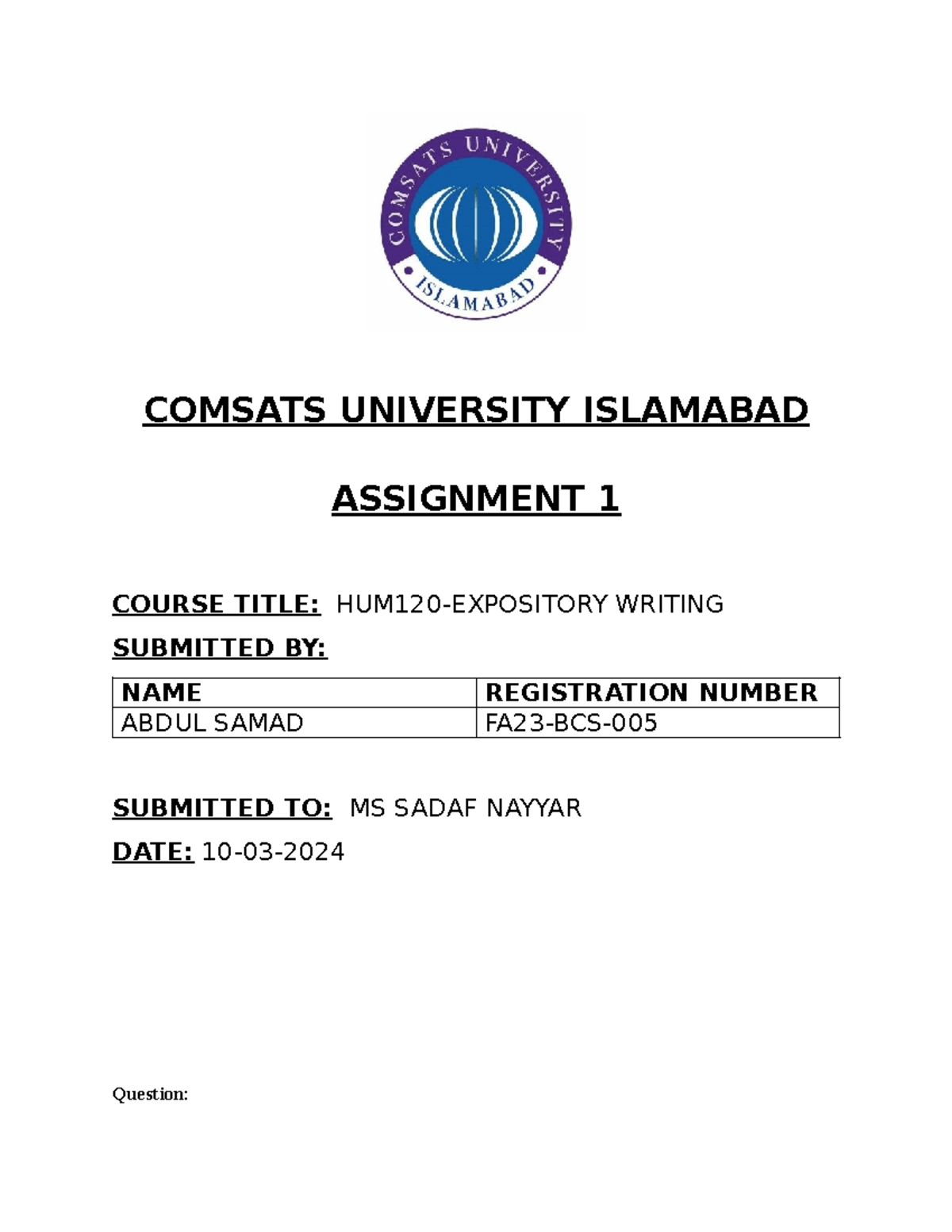 Assignment 1 - asddsa - COMSATS UNIVERSITY ISLAMABAD ASSIGNMENT 1 ...