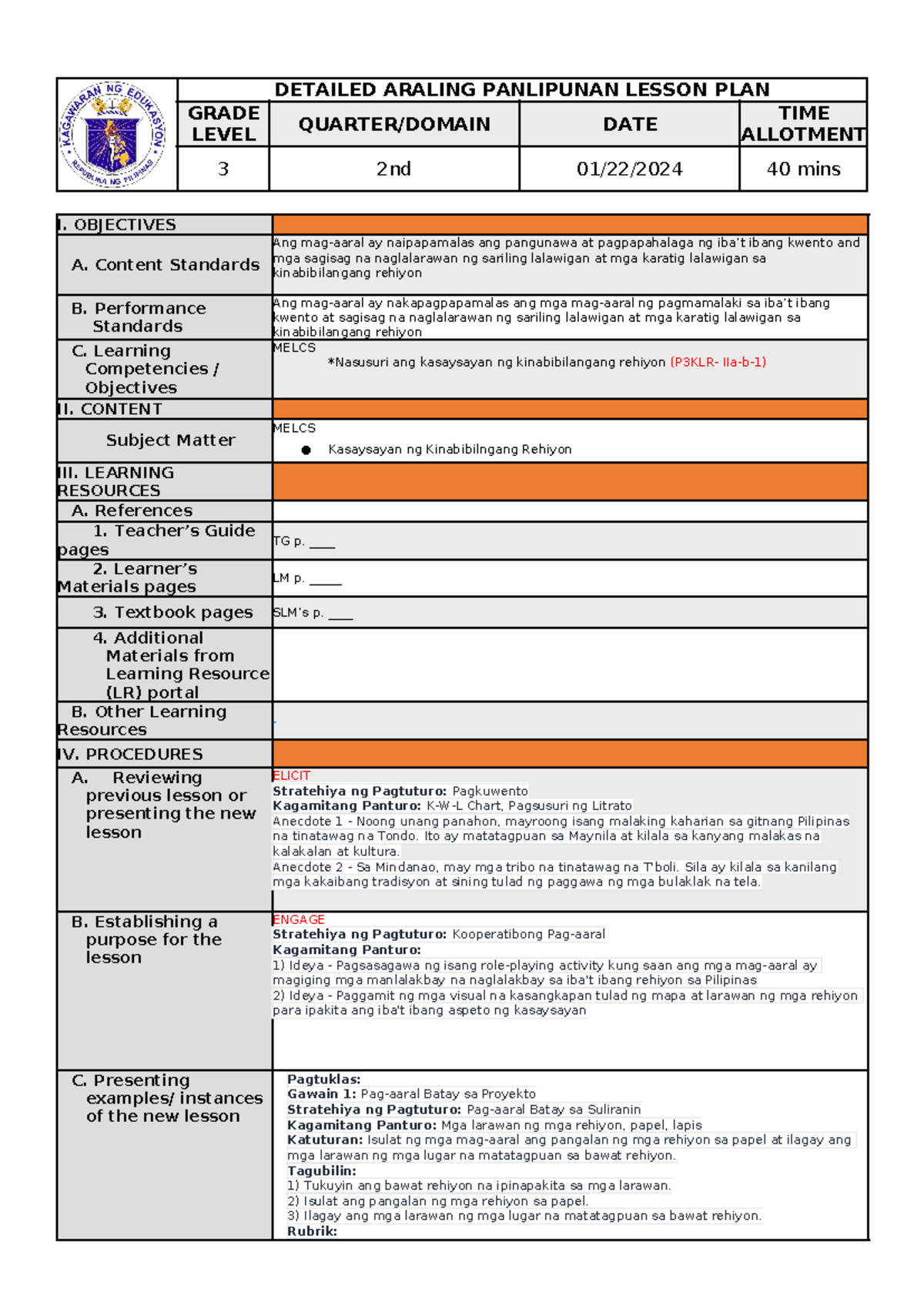 DLP AP Q2W1 - SEMI-DETAILED LESSON PLAN - DETAILED ARALING PANLIPUNAN LESSON PLAN GRADE LEVEL ...