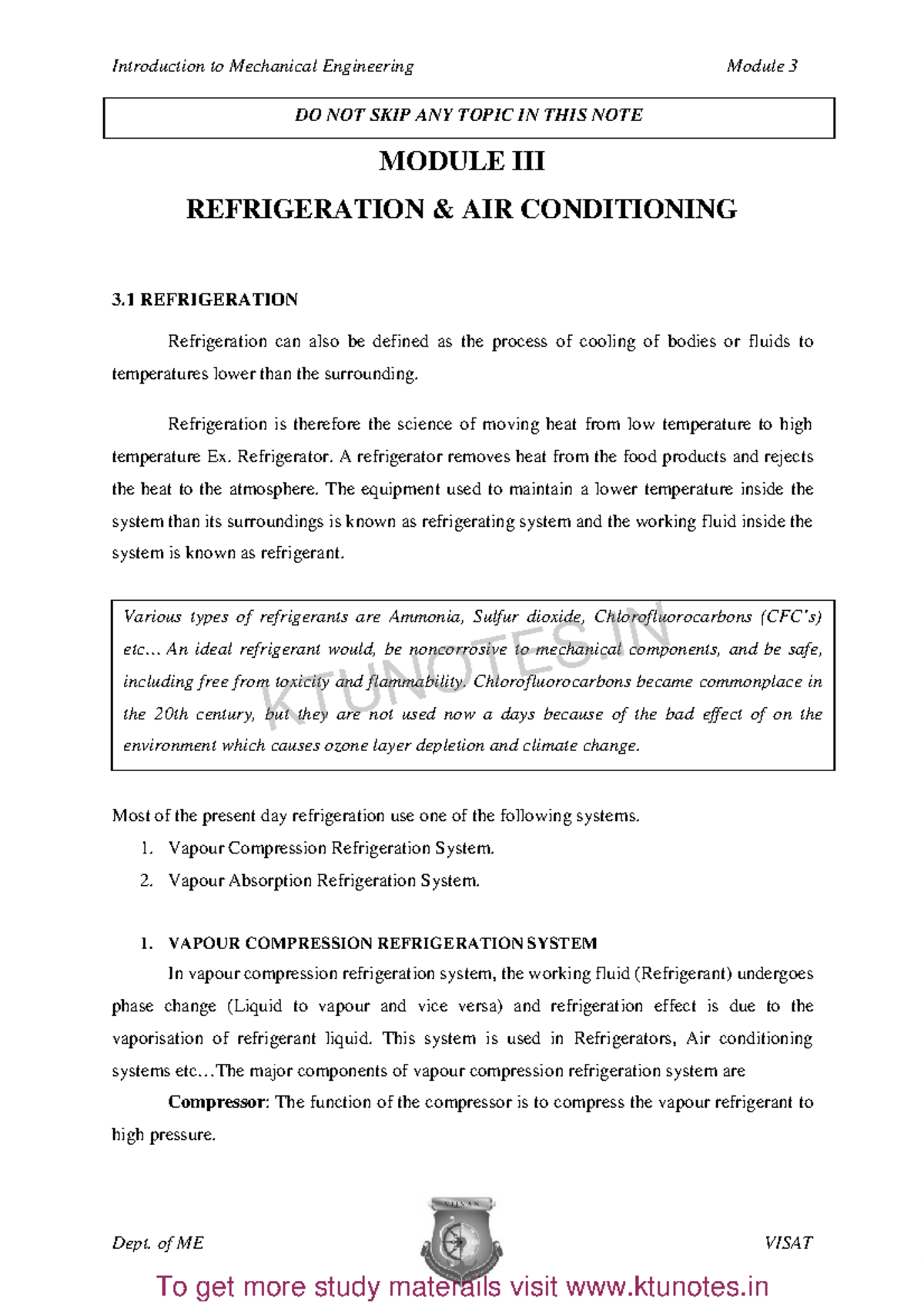 IME Module 3-notes - Dept. of ME VISAT MODULE III REFRIGERATION & AIR ...