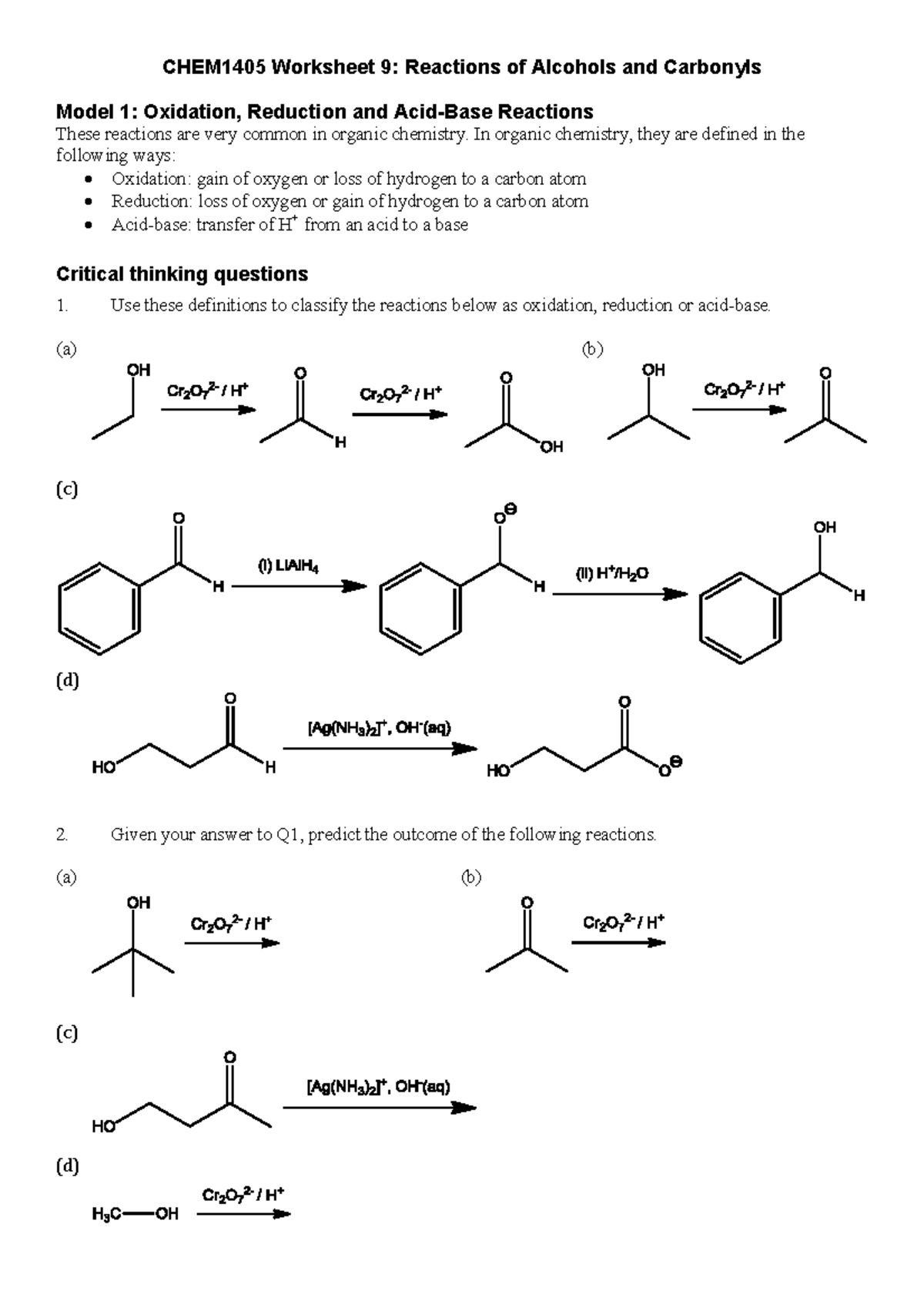 Ws9 - bt hóa hữu cơ- phản ứng của alcohol - CHEM1405 Worksheet 9 ...