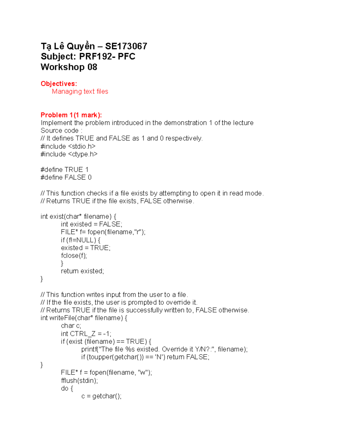 Pfc Workshop 08 2015 Workshop Tạ Lê Quyền Se Subject Prf192 Pfc Workshop 08 Objectives