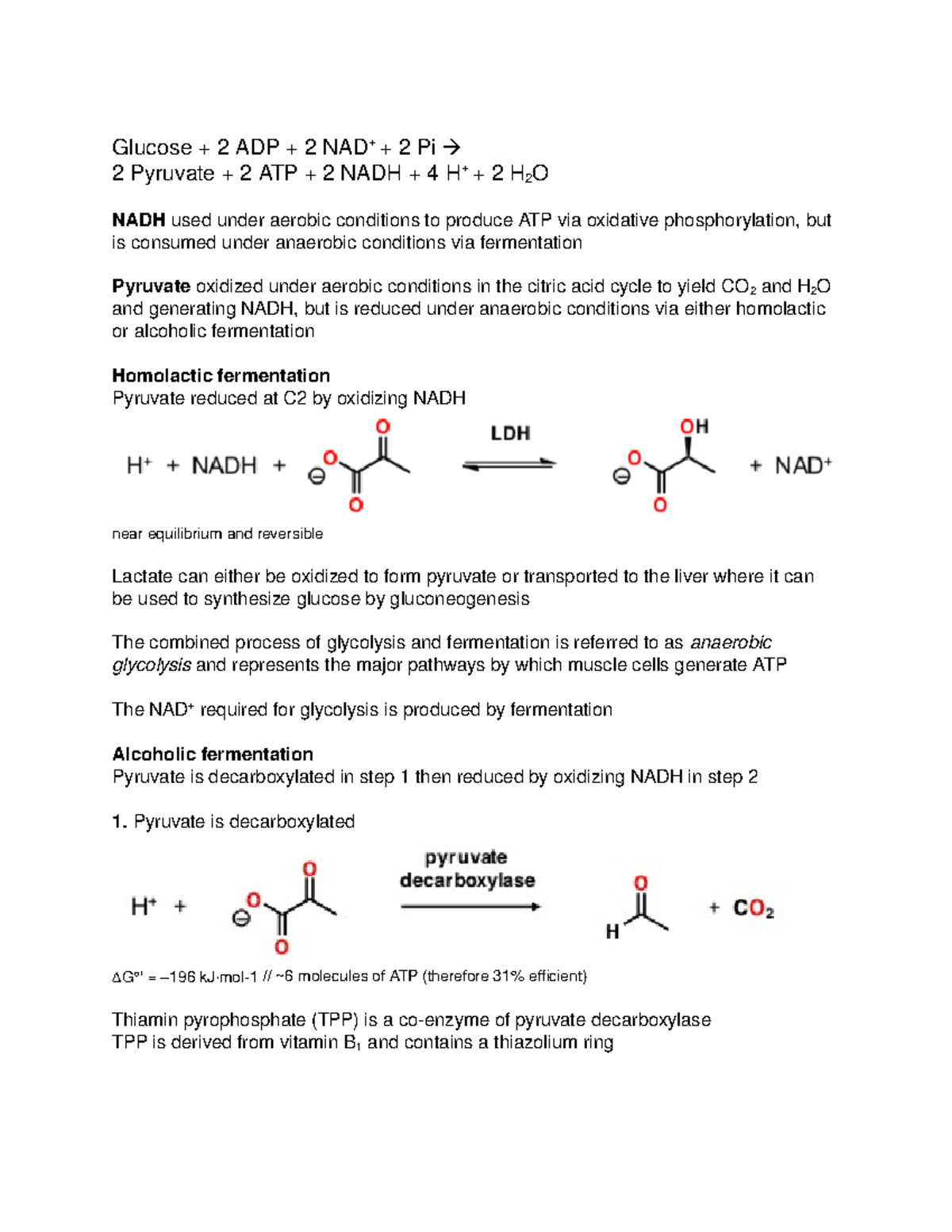 Fermentation - Pyruvate is decarboxylated G°' = –196 kJ·mol-1 // ~6 ...