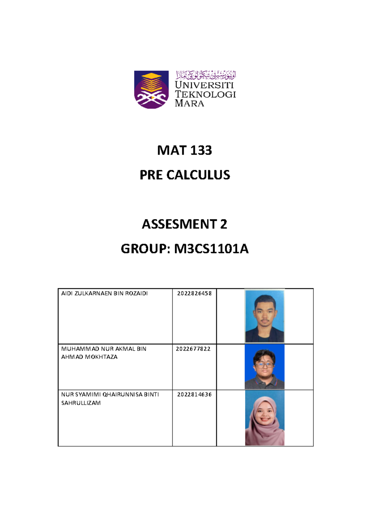 Assesment 2133 - assessment - MAT 133 PRE CALCULUS ASSESMENT 2 GROUP ...