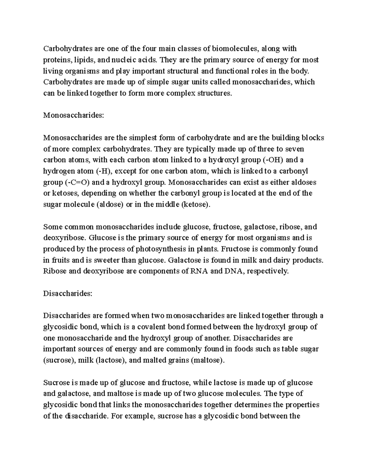 Carbohydrates Notes 1- Google Docs - Carbohydrates are one of the four ...