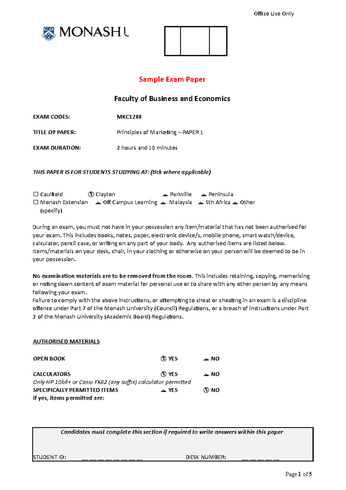 MKC1200 sample exam - exam - Office Use Only Sample Exam Paper Faculty ...