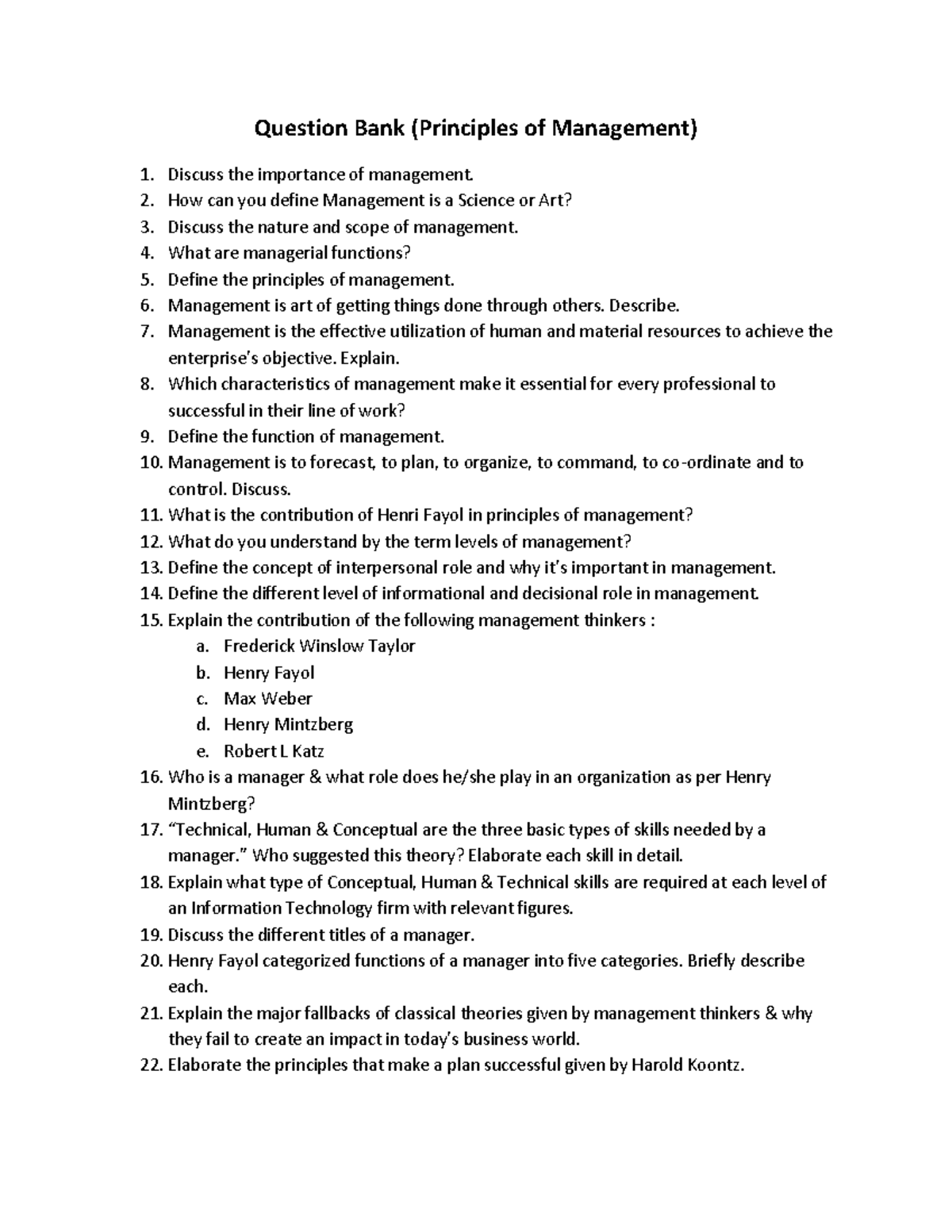 MSH1131 - POM - Question Bank - Question Bank (Principles of Management ...