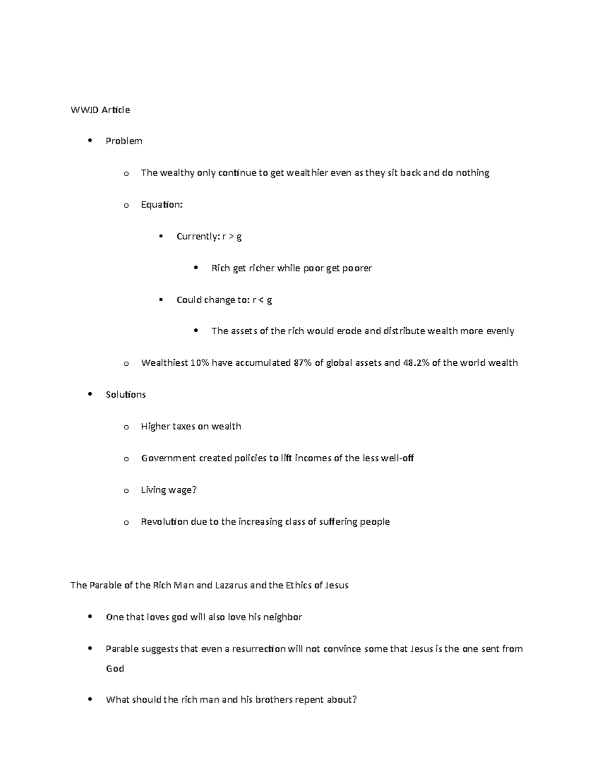 WWJD Article Notes - WWJD Article Problem o The wealthy only continue ...