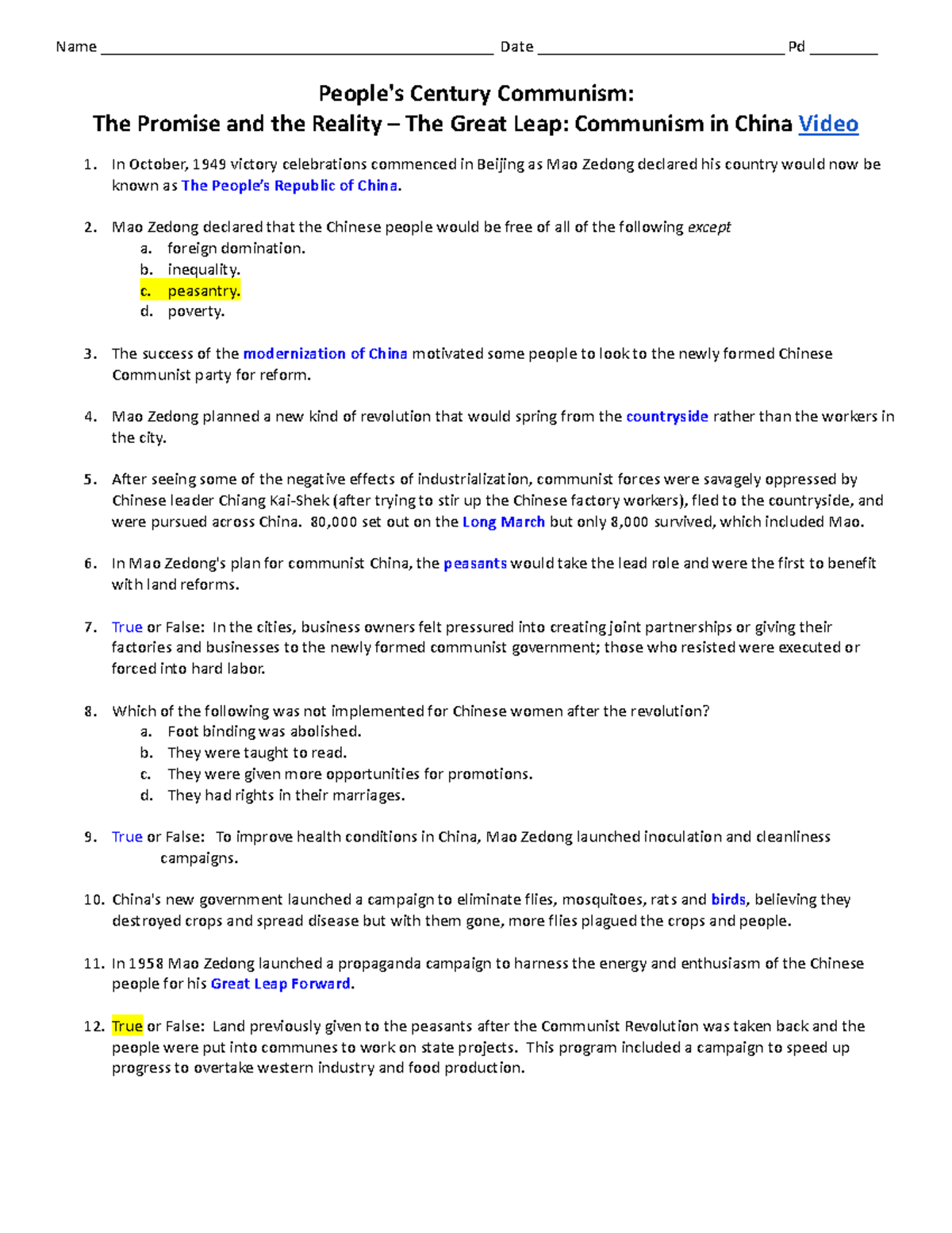 Great Leap Video Guide - Communism in China - Name