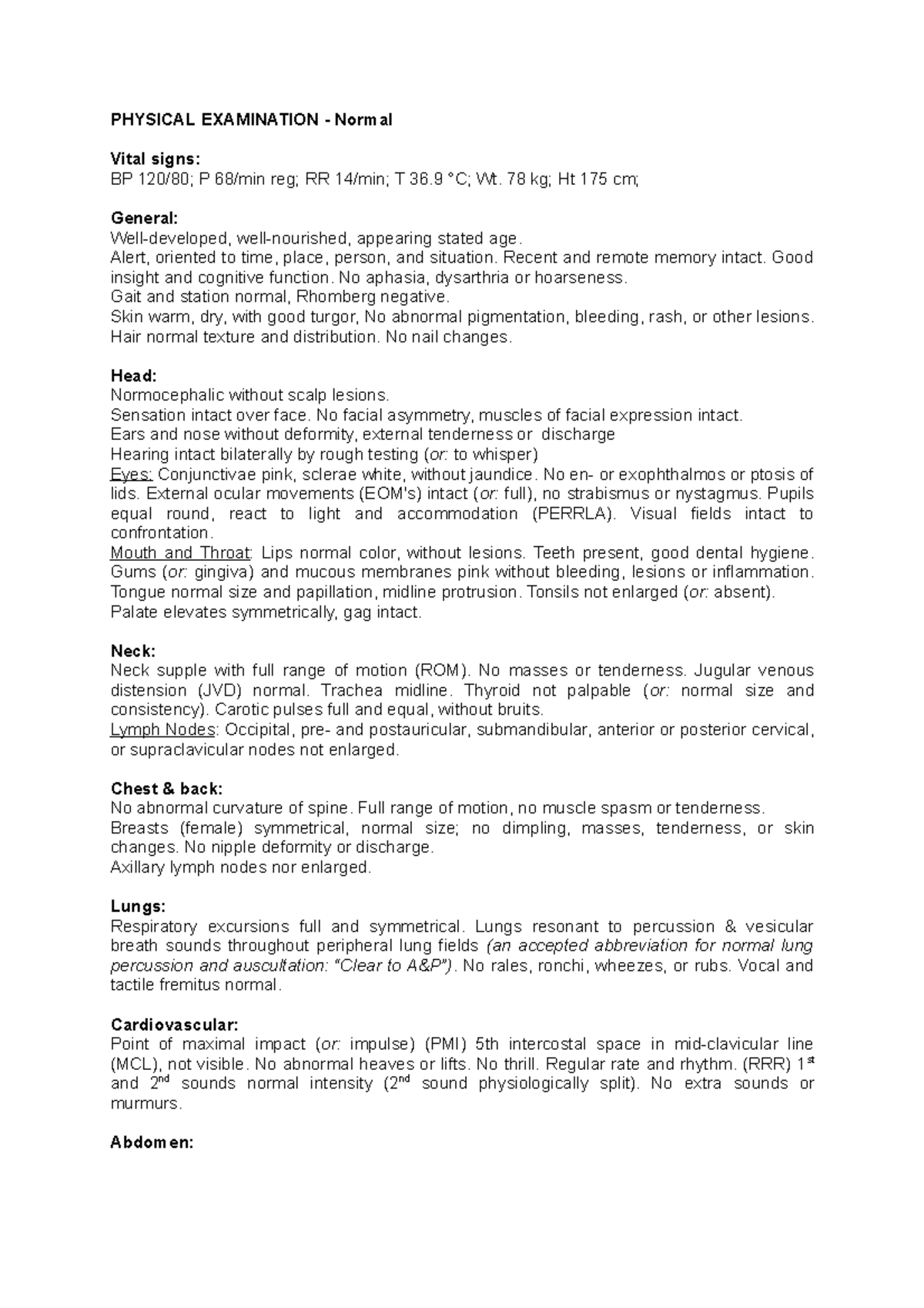Physical-examination-normal - PHYSICAL EXAMINATION - Normal Vital signs ...
