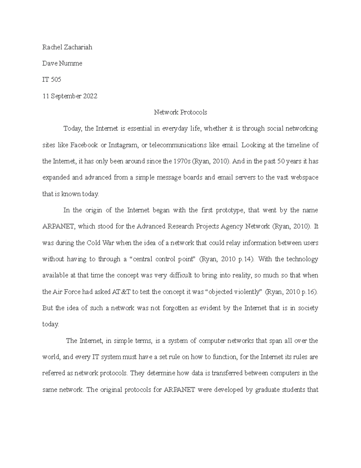 Network protocols paper - Rachel Zachariah Dave Numme IT 505 11 ...