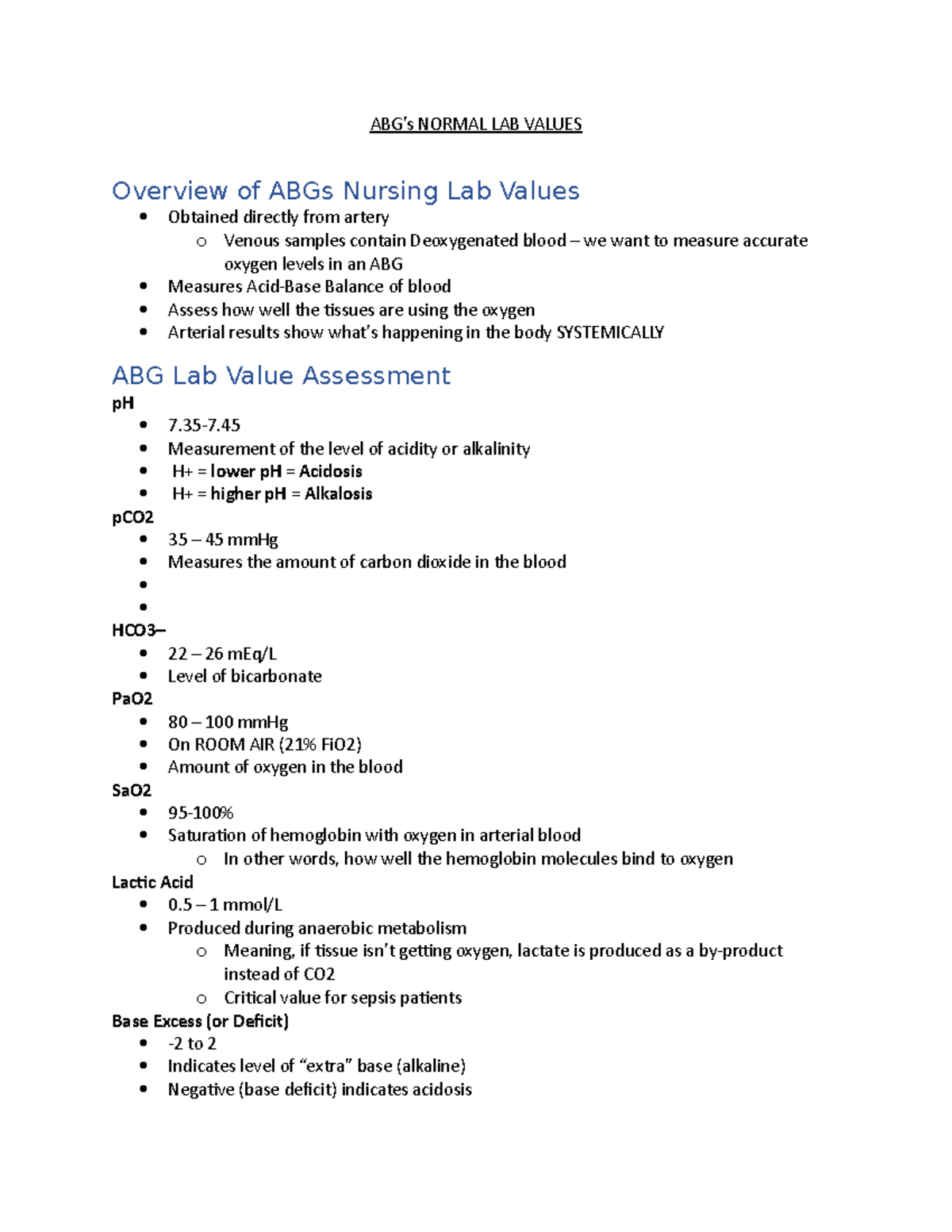 ABG - Lecture notes for ABG's - ABG’s NORMAL LAB VALUES Overview of ...