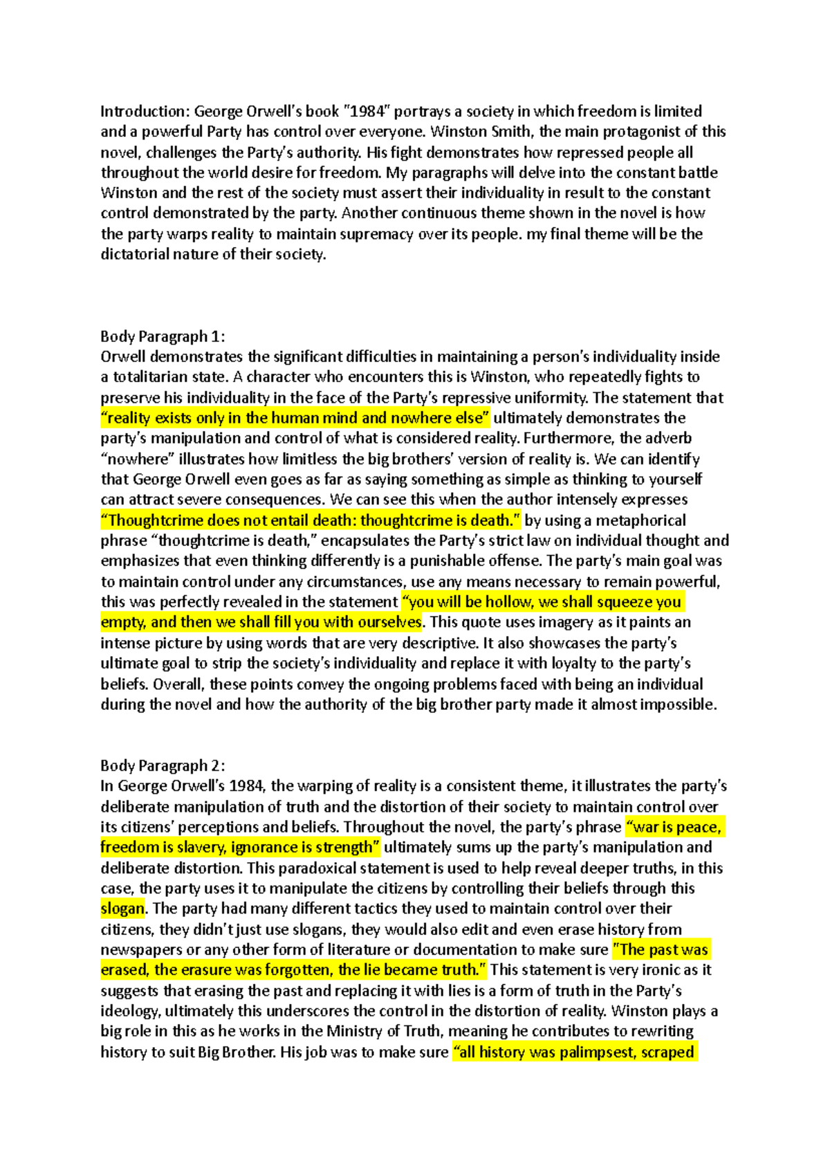 English essay - Introduction: George Orwell's book "1984" portrays a ...
