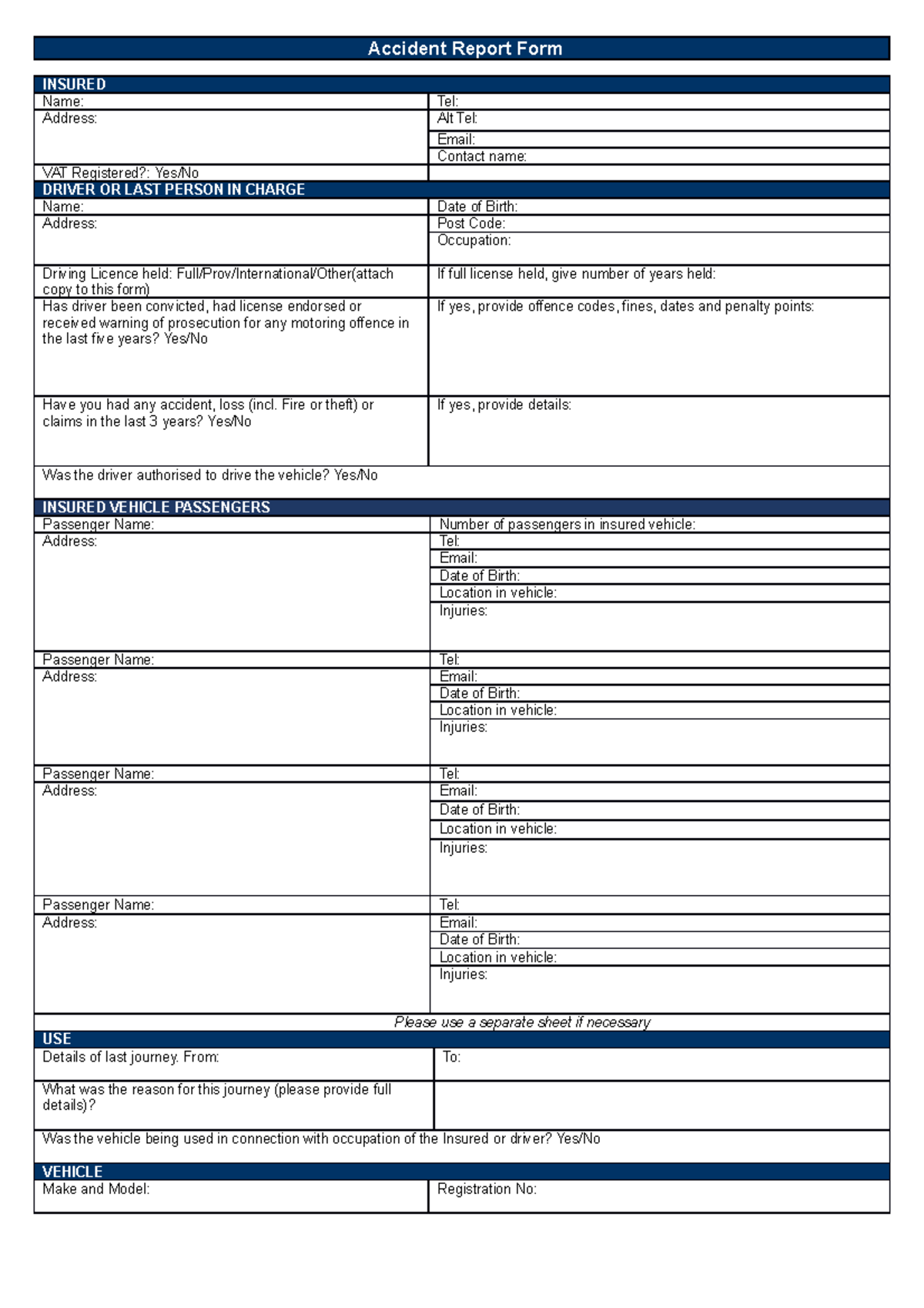 Blank Accident Report Form - Accident Report Form INSURED Name: Tel ...