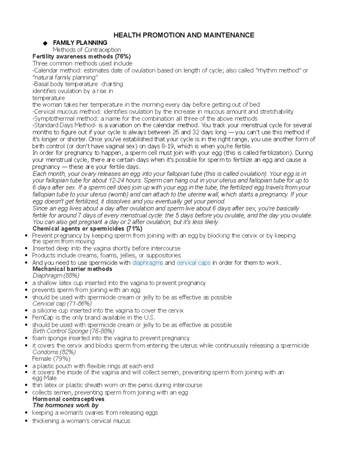 Health Promotion Notes - HEALTH PROMOTION AND MAINTENANCE FAMILY ...