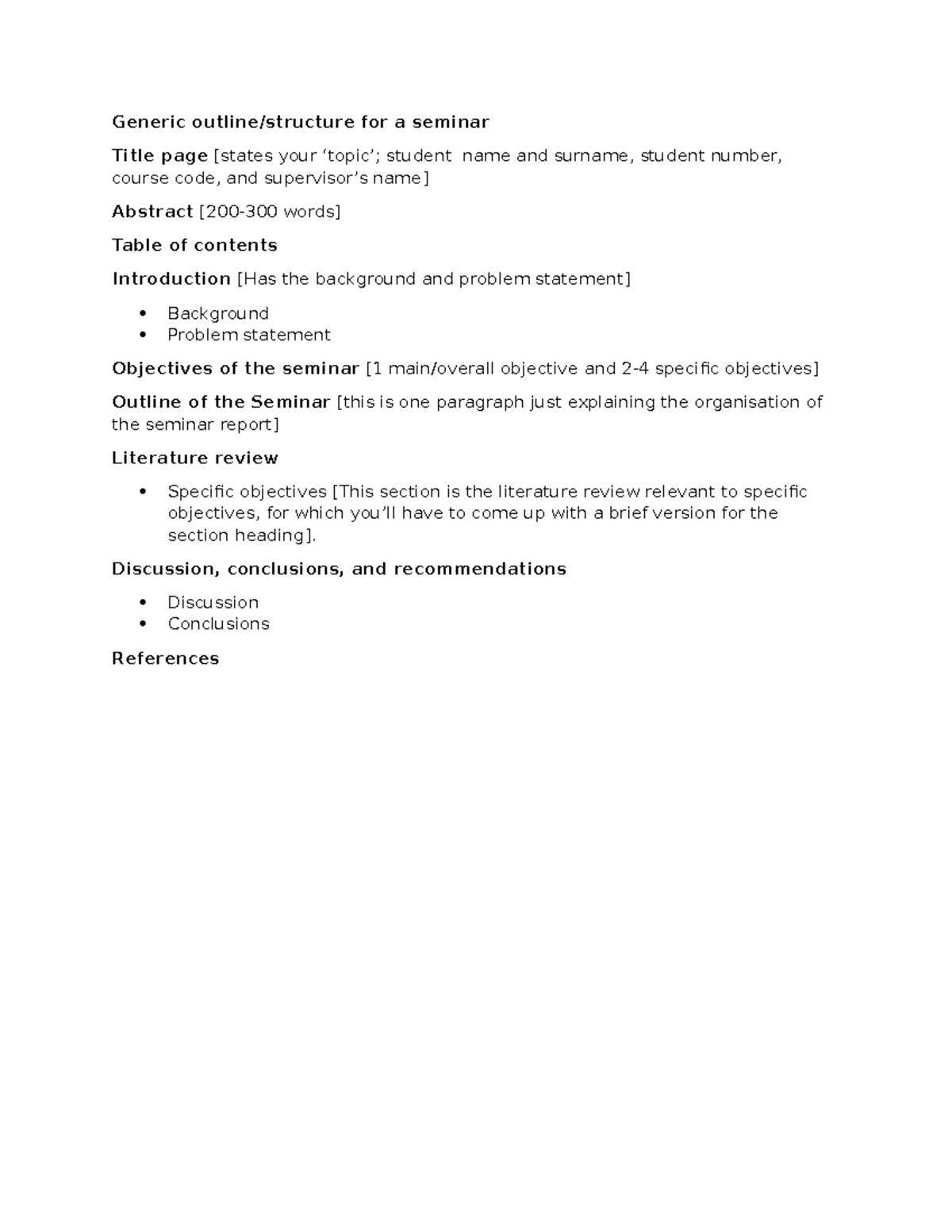 Generic Structure for seminar - Generic outline/structure for a seminar ...